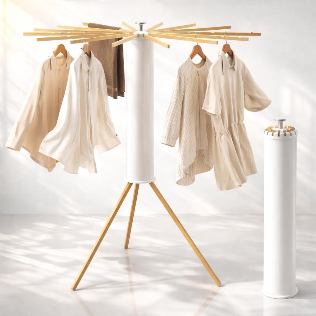 Heavy-Duty Wooden Tripod Clothes Drying Rack, 16 Rods, Large Capacity ...