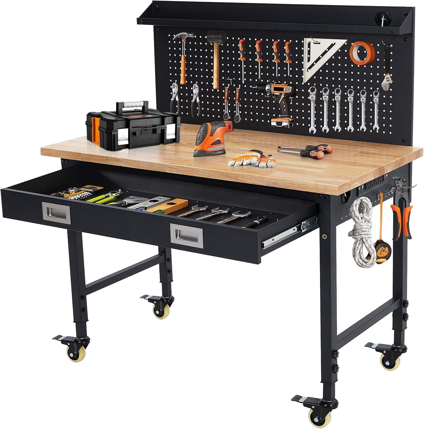Heavy Duty Workbench with Drawer & Backplate,Adjustable Rolling Work ...
