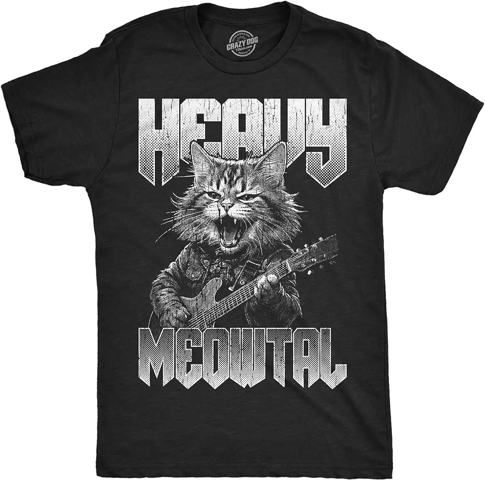 Heavy Meowtal Funny Cat Graphic T-Shirt for Men Rock Music Short Sleeve ...