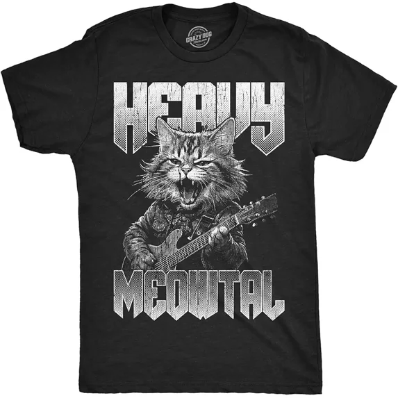 Heavy Meowtal Funny Cat Graphic T-Shirt for Men Rock Music Short Sleeve ...