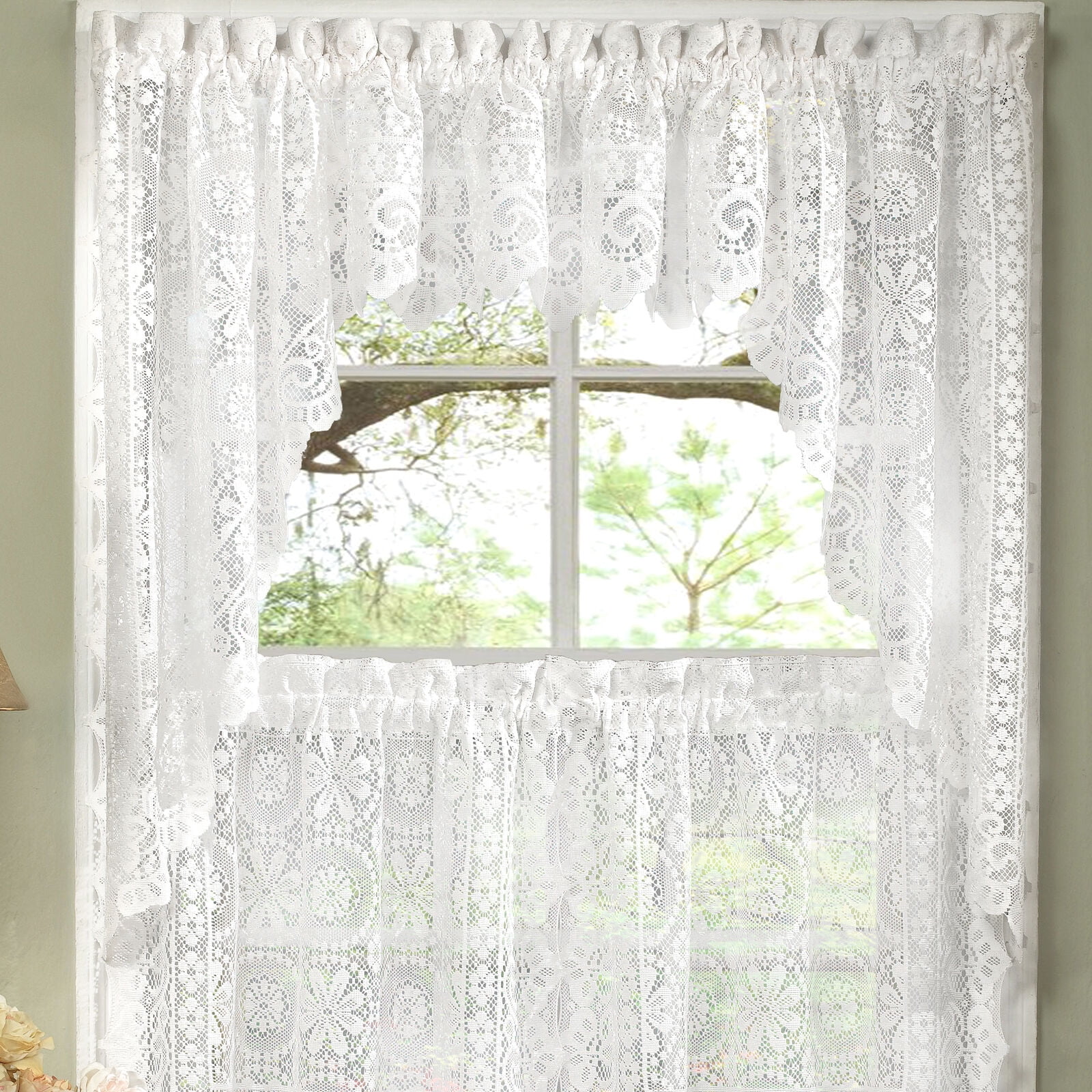 Heavy White Lace Kitchen Curtain Choice of Tier Valance or Swag ...
