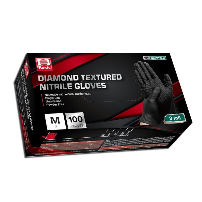 Heavy-duty black nitrile disposable gloves 8 mil diamond-textured grip for industrial, food ...