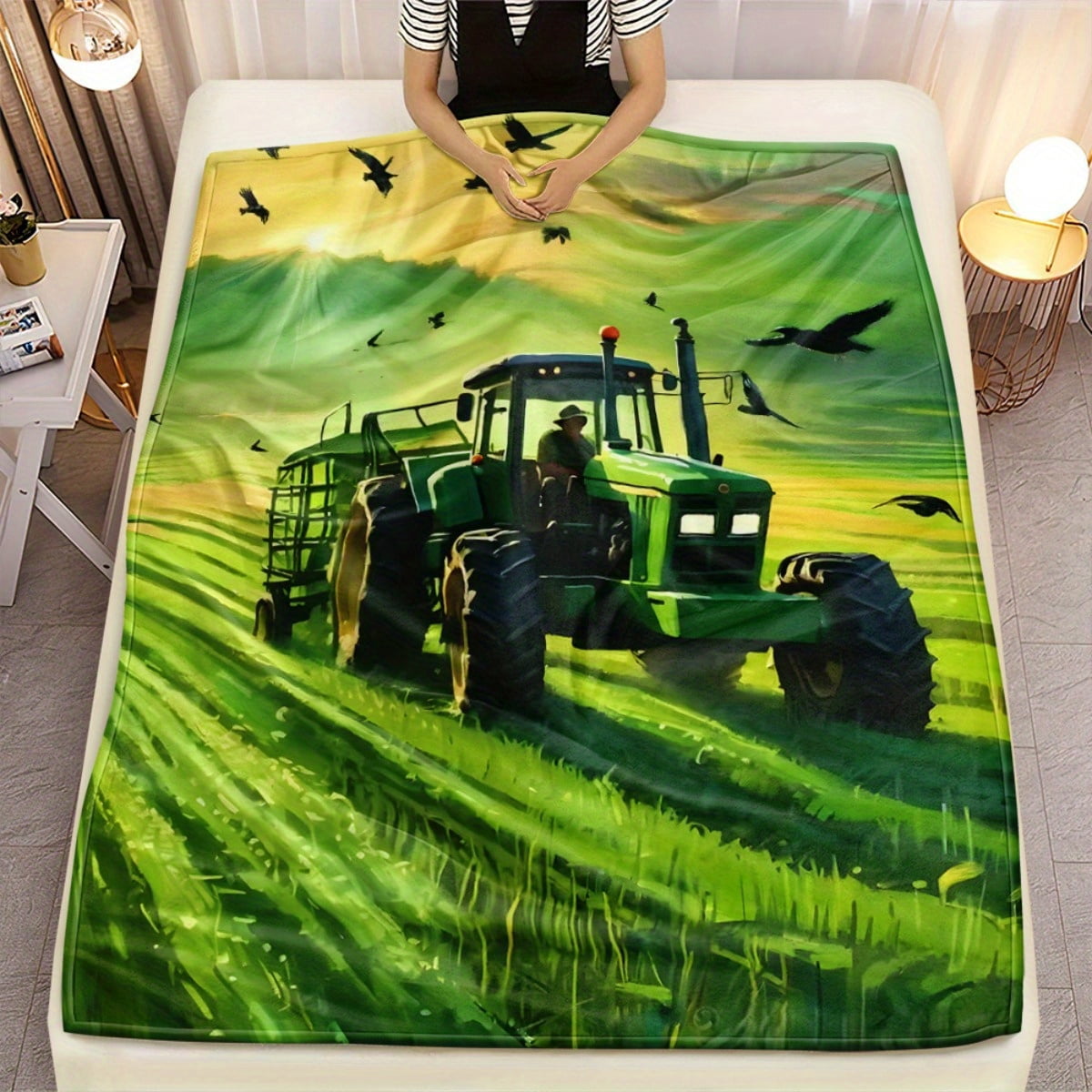 Heavyweight 280GSM Flannel Throw Blanket - Farm Tractor & Birds Print ...