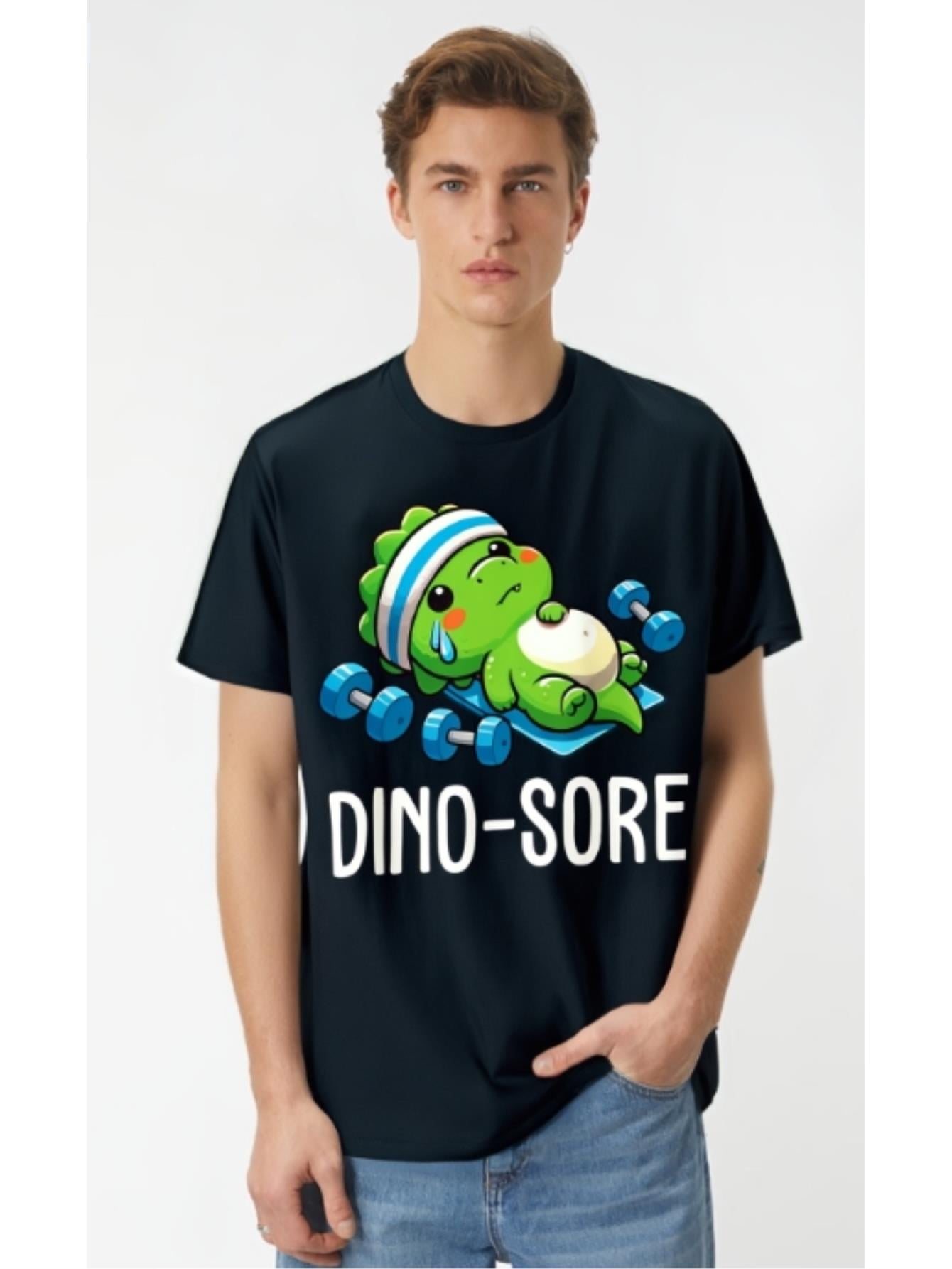 Heavyweight Cotton T-shirts,Dino Sore" Fun Gym Dinosaur Weightlifting ...