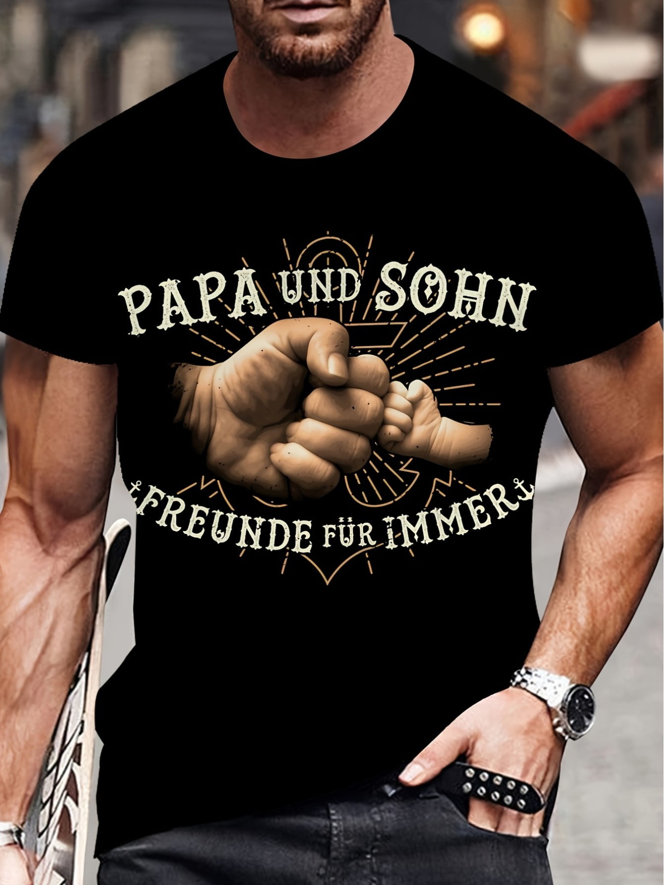 Heavyweight Cotton T-shirts,Men's 3D Father-Son Fist Bump Graphic T ...