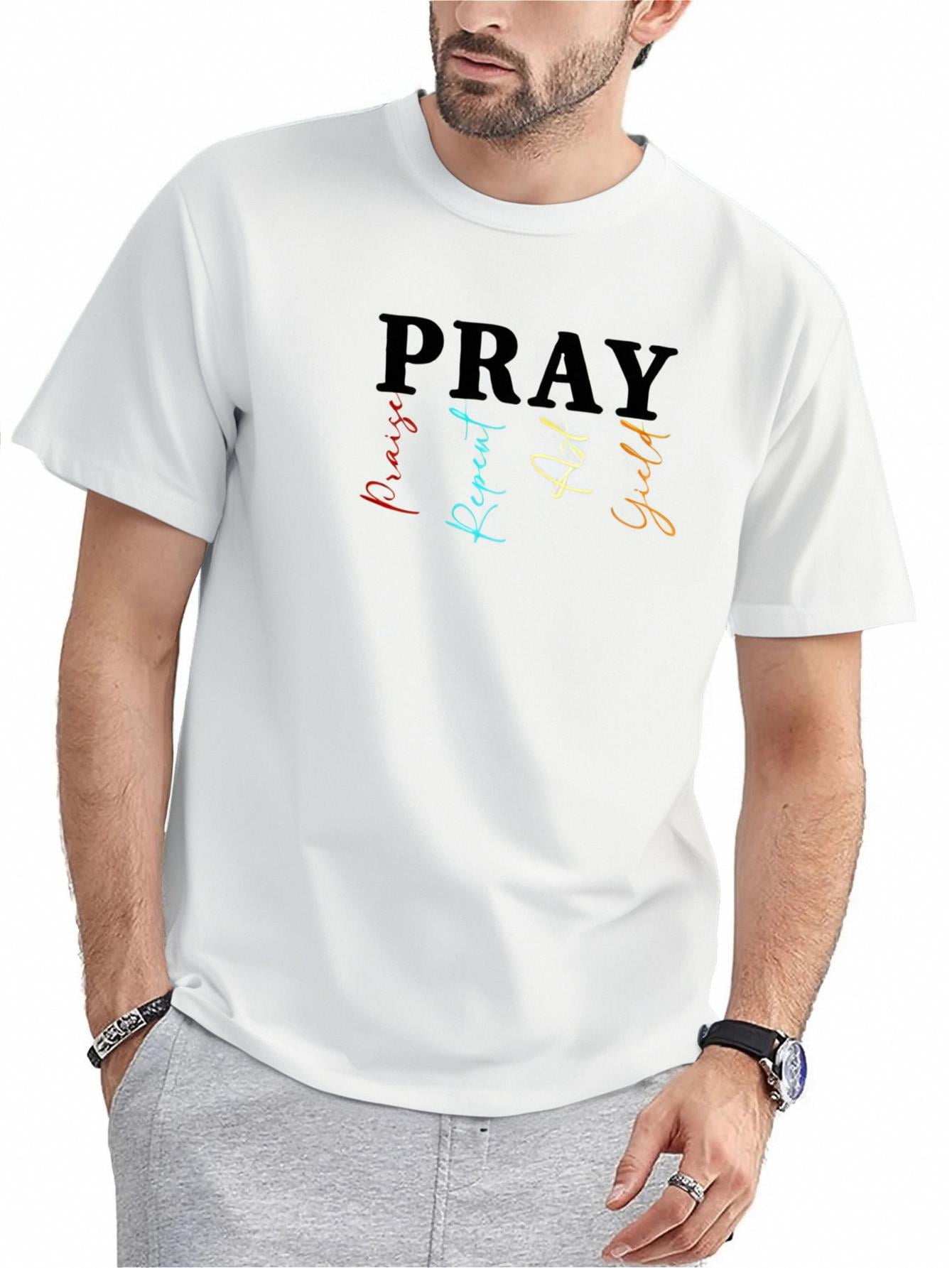 Heavyweight Cotton T-shirts,PRAY Letter Print Men's Round Neck Short ...