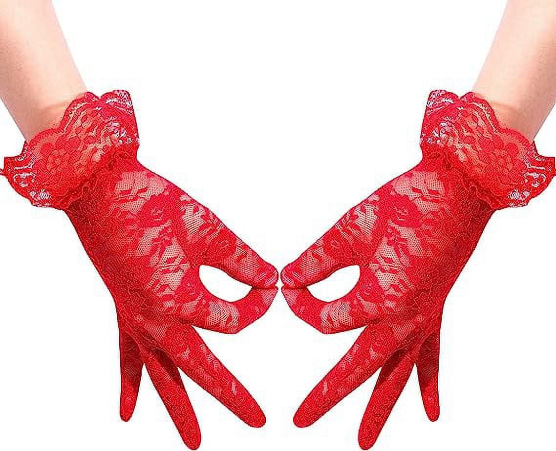 Hebalg Lace Gloves, Short Gloves Women with Rhinestone Bow Tie Wrist ...