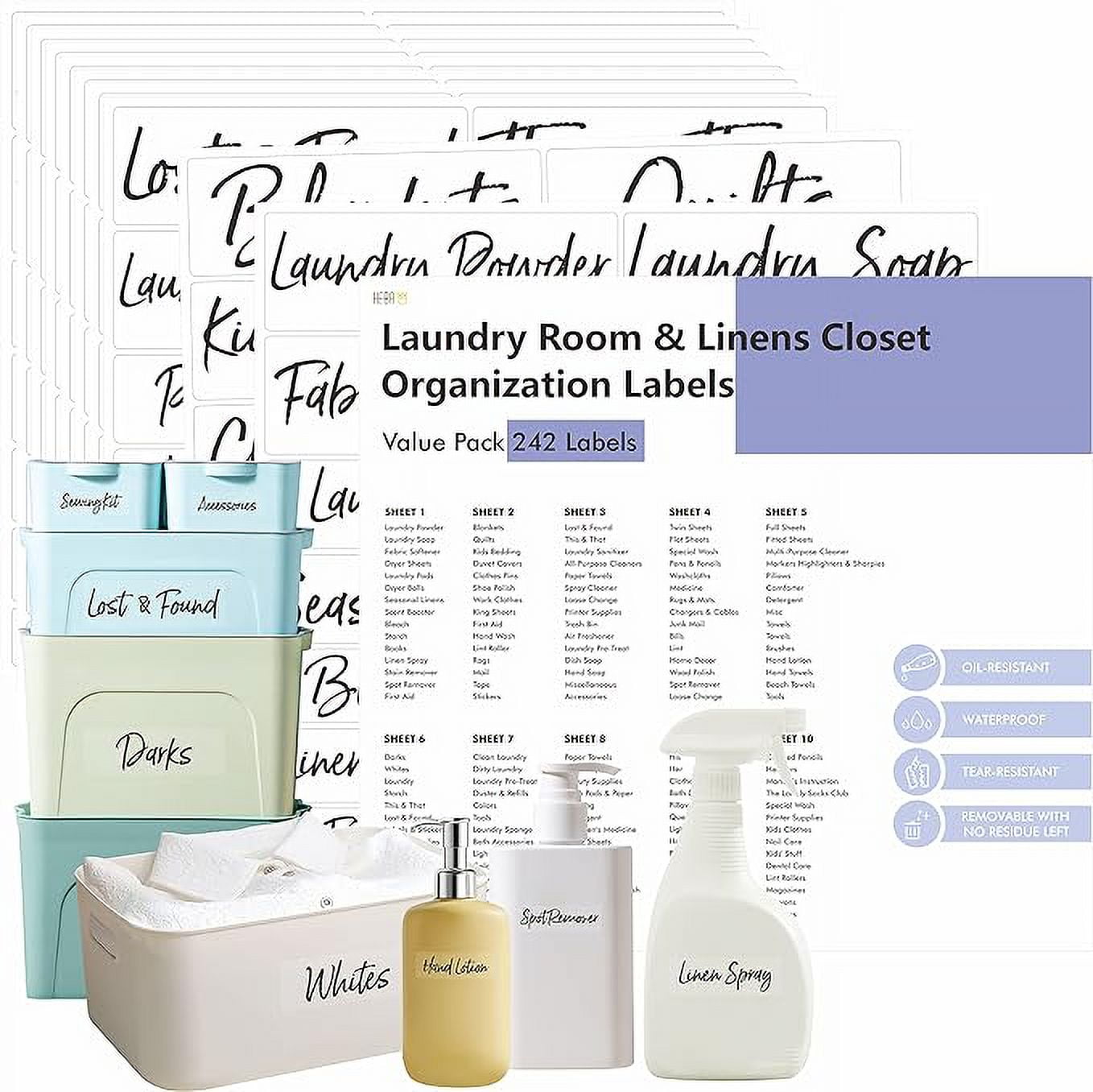 Hebayy 242 Laundry Room & Linens Closet Organization Labels, Waterproof ...