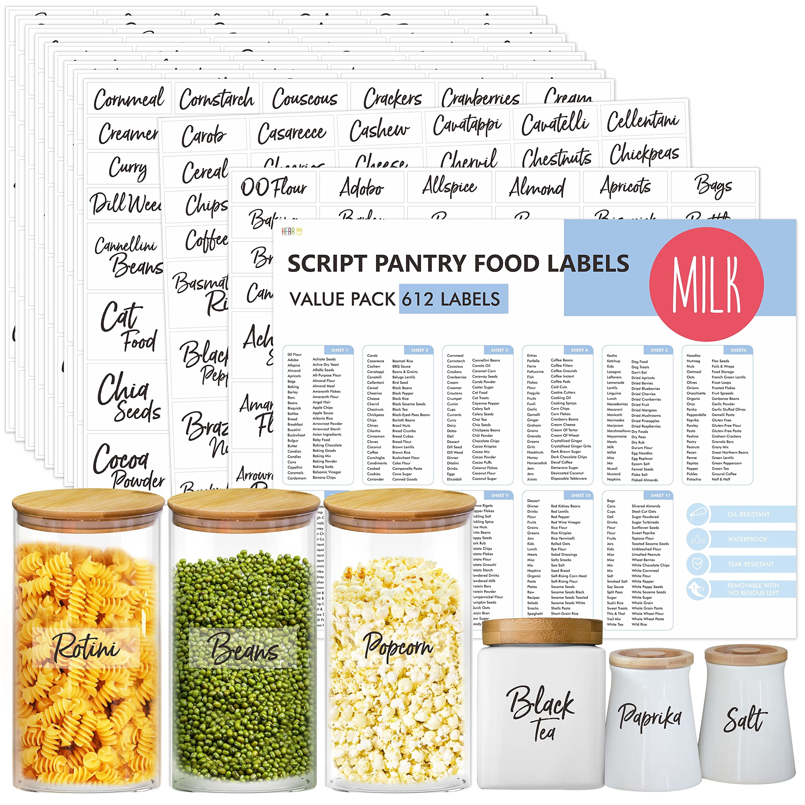 Hebayy 612 Script Pantry Food Labels, SMRWater & Oil Resistant Pantry ...