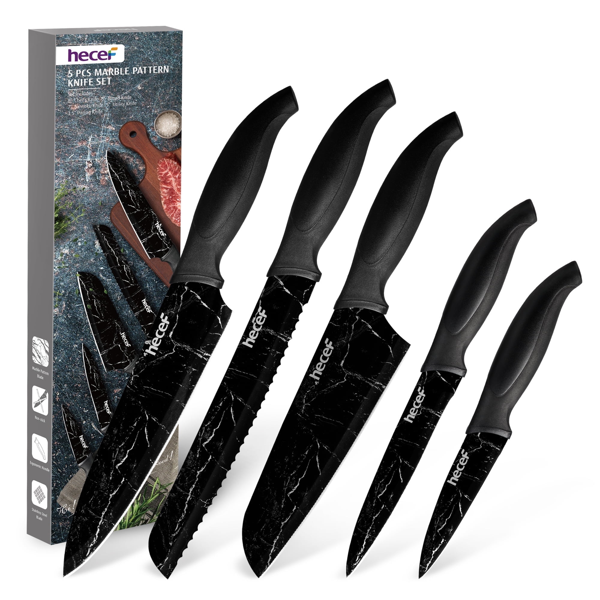 Hecef 5-Piece Kitchen Knife Set, Marble Pattern Coated Sharp Stainless ...