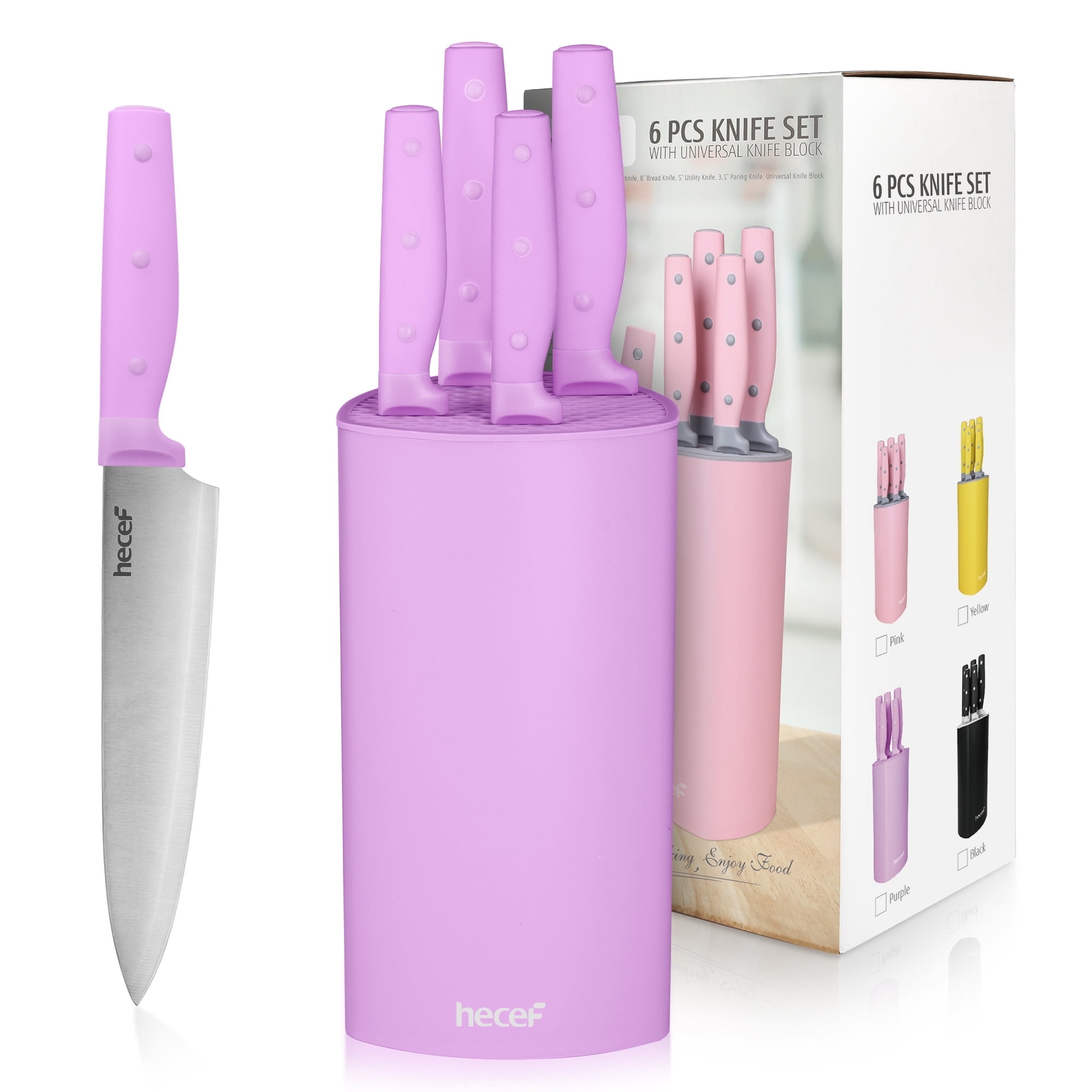 Hecef 6-Piece Stainless Steel Kitchen Knife Block Set, Ergonomic Chef ...