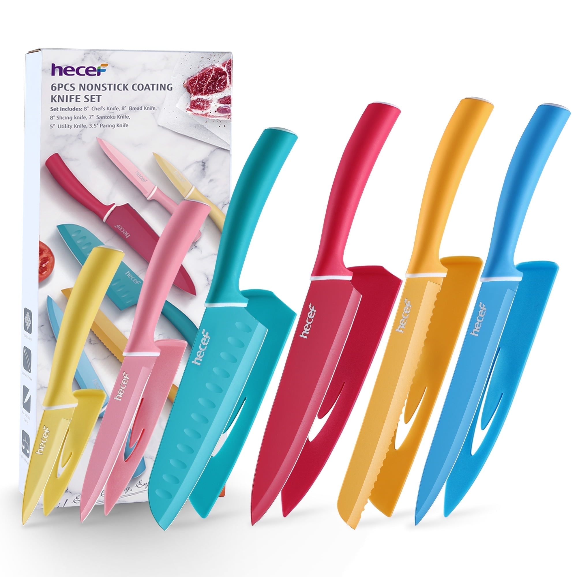Hecef, Kitchen Knife Set, 6-Piece, Colorful Stainless Steel Blades ...