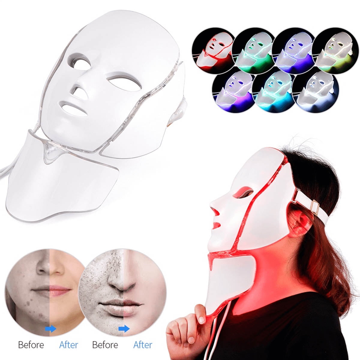 HechoVinen LED Face Mask , 7 Color LED Light Therapy Face & Neck Mask ...