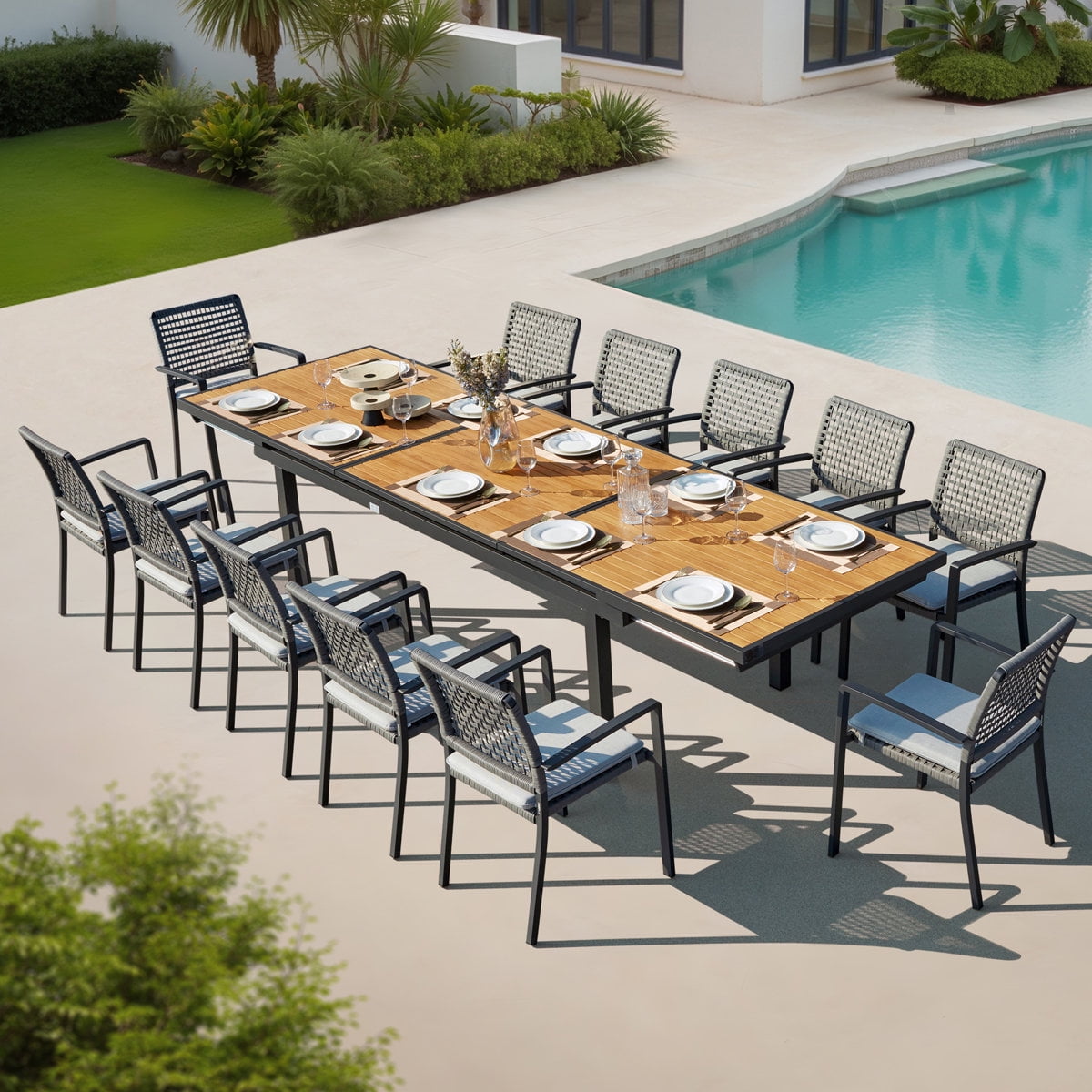 Heck 12 Person Teak Outdoor Extendable Dining Table Set With Cushions ...