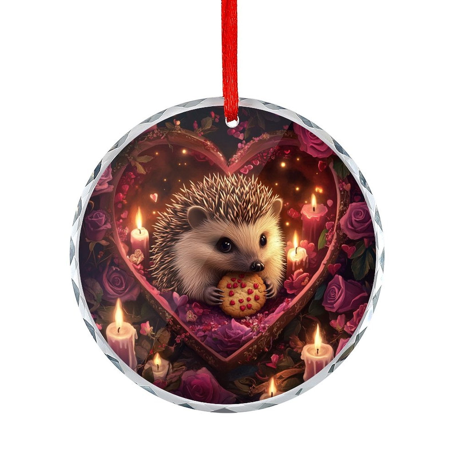 Hedgehog Chocolates Roses Ornament Cute Hedgehogs Round Shaped Glass ...
