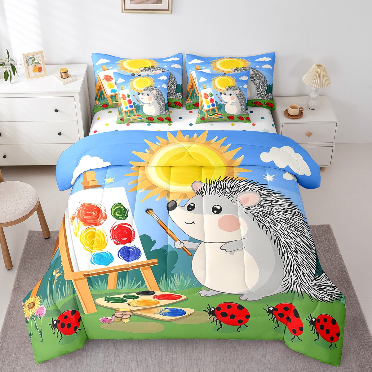Hedgehog Comforter Set 7 Piece Bed in a Bag Twin,Rainbow Sun Bedding ...