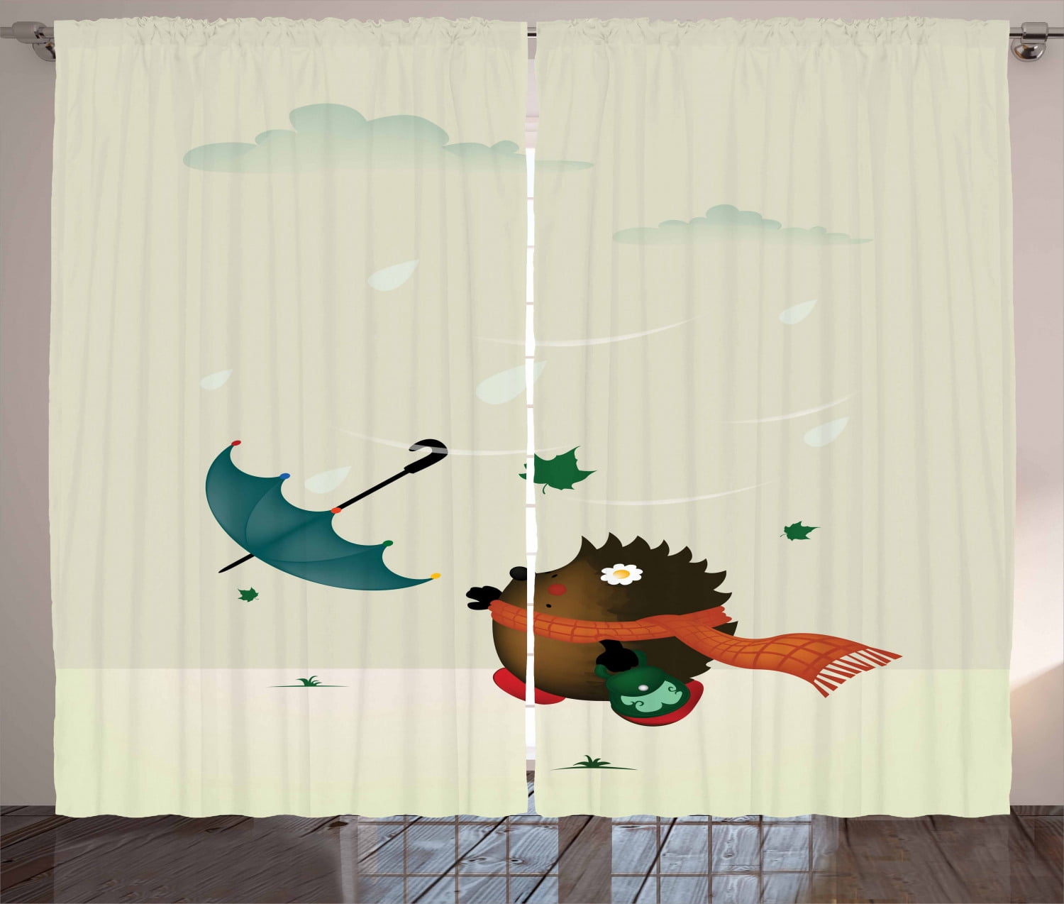 Ambesonne Hedgehog Curtains 2 Panel Set, Windynd Rainy Day, 108" x 90 ...