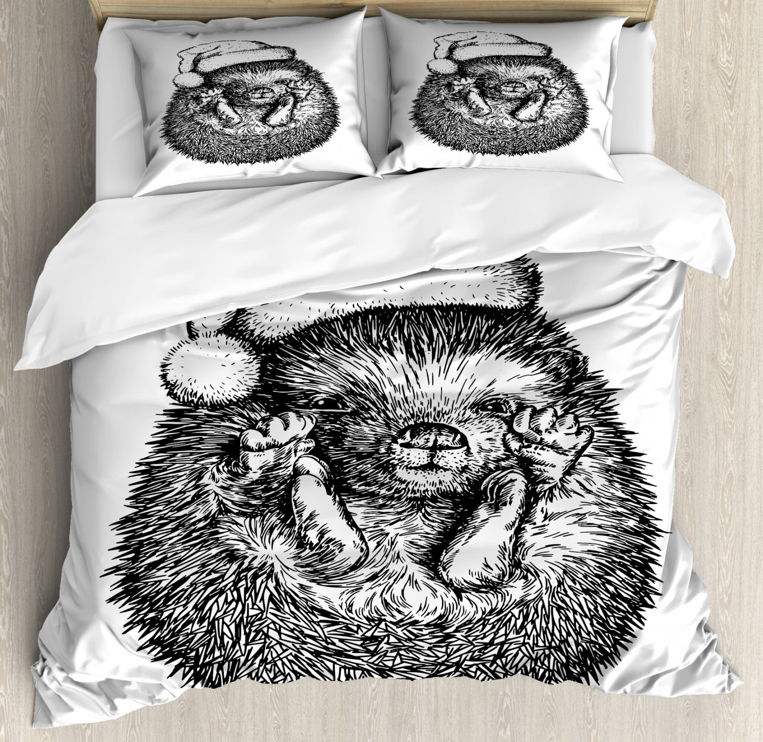 Hedgehog Duvet Cover Set Queen Size, Monochrome Hedgehog with Winter ...