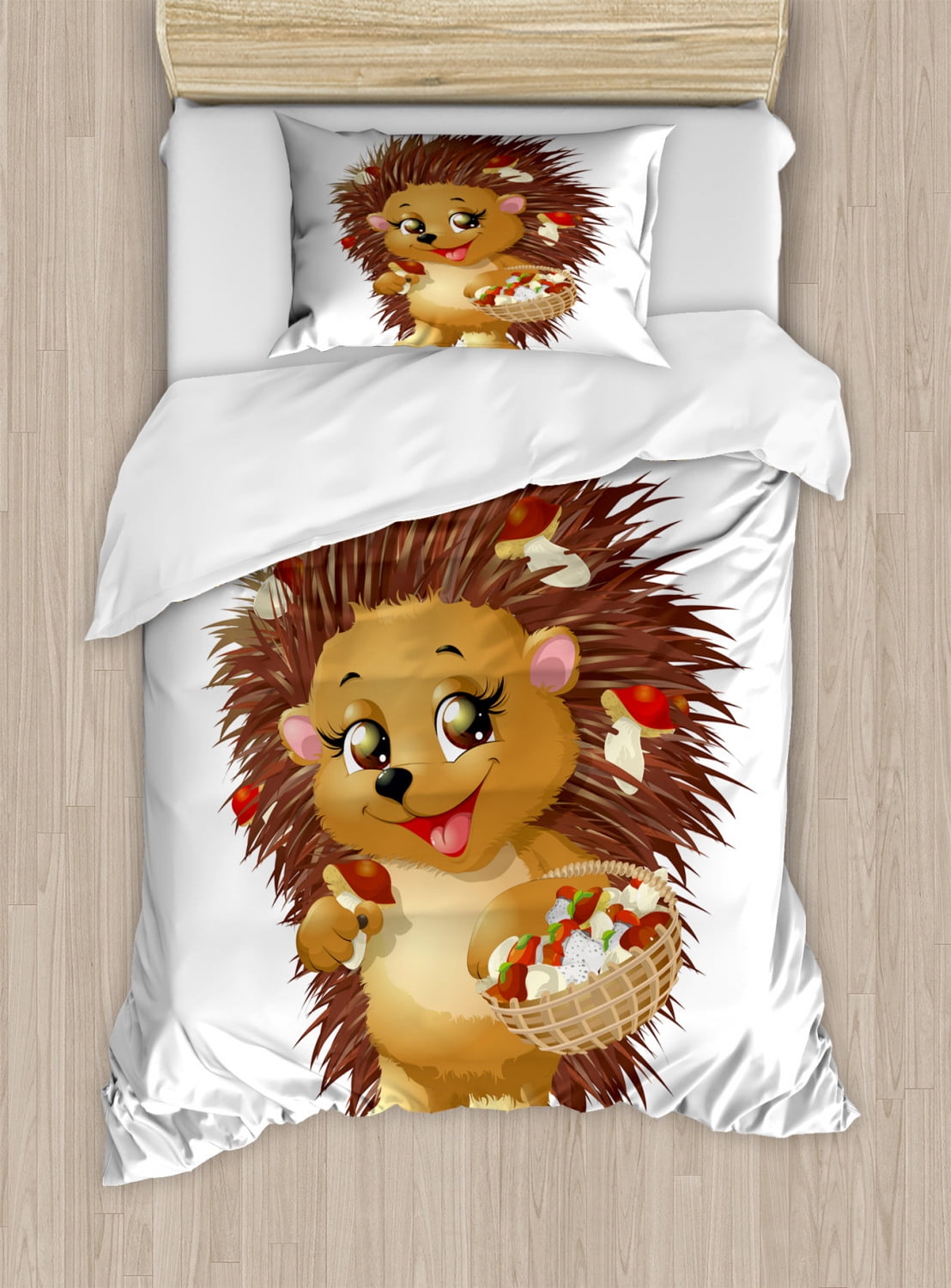 Hedgehog Duvet Cover Set Twin Size, Hedgehog Holding Mushroom with a ...