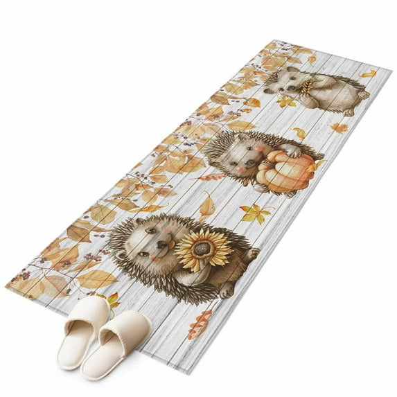 Hedgehog Fall 2'x6' Runner Rug, Thanksgiving Pumpkins Maple Leaf Wooden ...