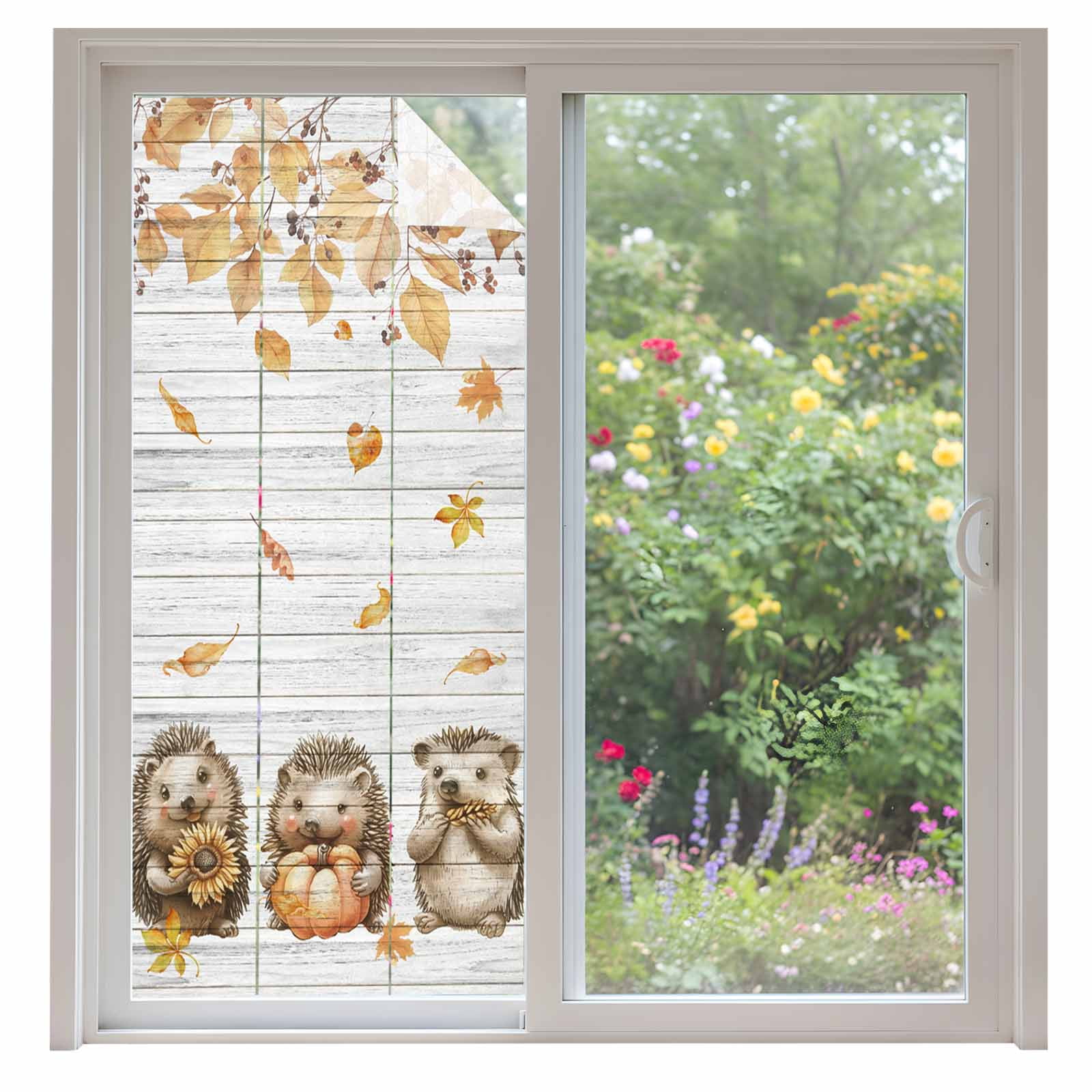 Hedgehog Fall Window Privacy Film, Thanksgiving Pumpkins Maple Leaf ...