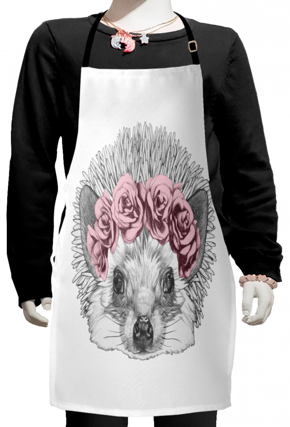 Hedgehog Kids Apron, Greyscale Animal Portrait with Romantic Wreath ...