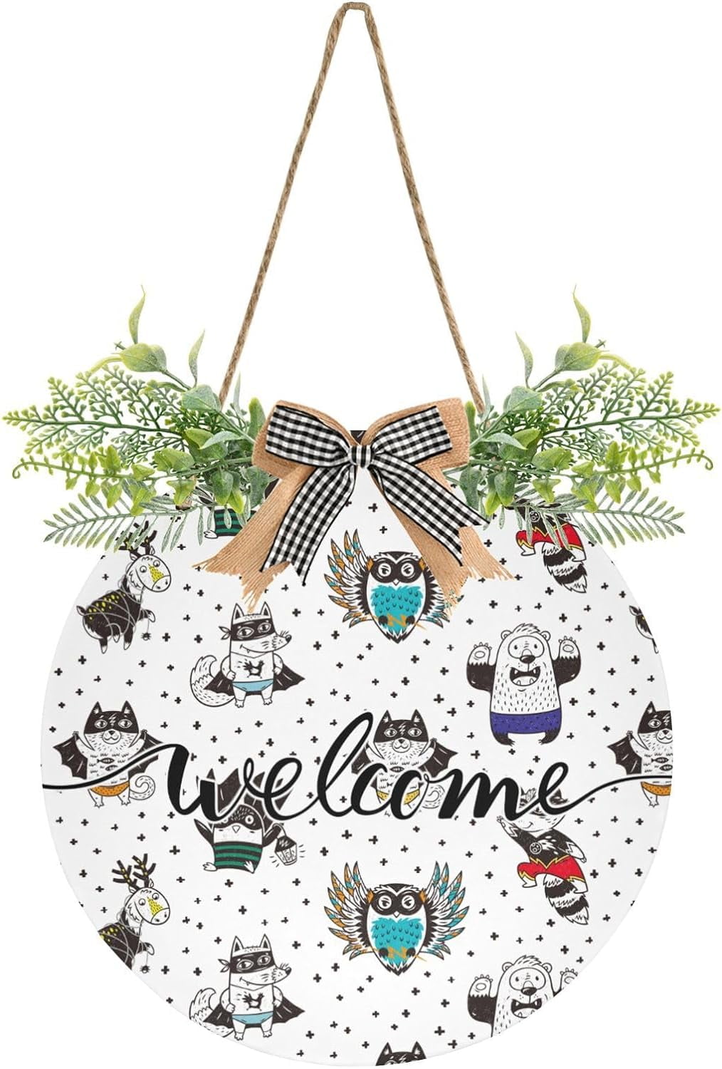 Hedgehog Owl Bat Fox Welcome Sign Farmhouse Front Porch Door Hanging ...