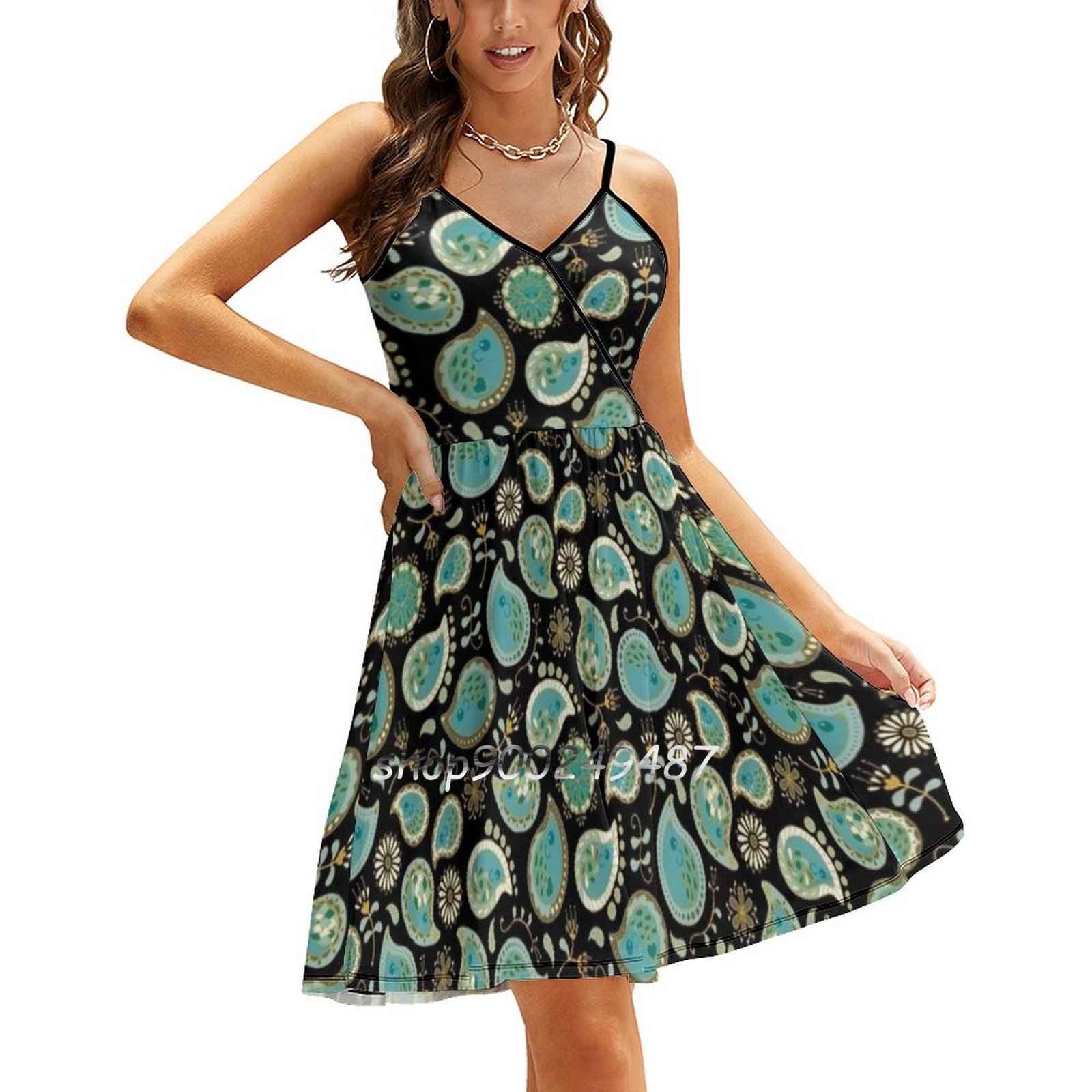 Hedgehog Paisley _ Teal Bgblack Evening Party Dresses Midi Sexy Dress ...
