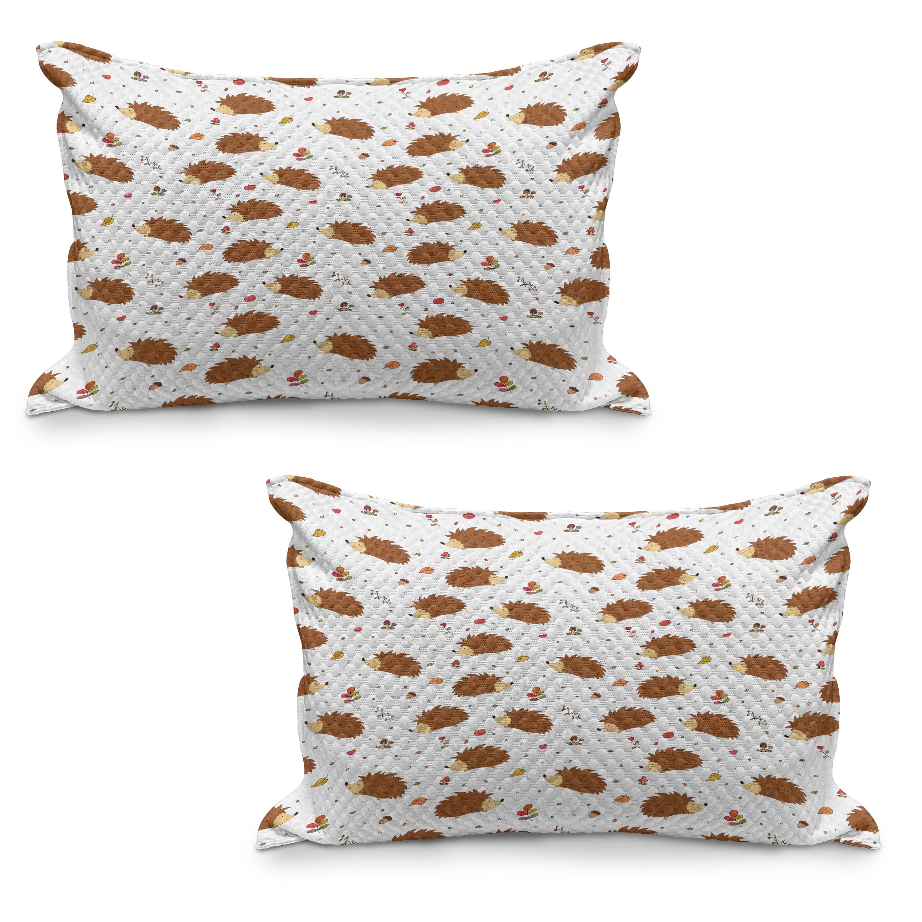 Hedgehog Quilted Pillowcover Set of 2, Love of Nature Theme Nuts Leaves ...