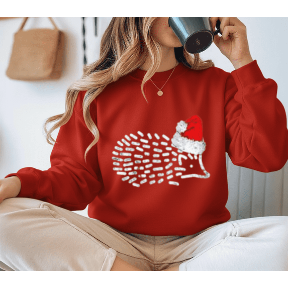 Hedgehog Red Hat Festive Animal Cute Winter Seasonal Holiday Sweatshirt ...