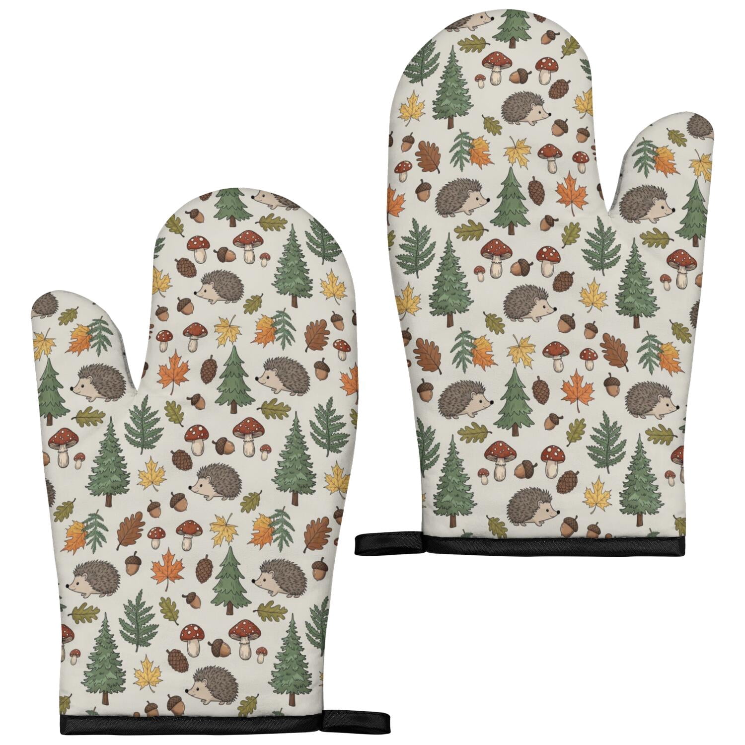 Hedgehog and Pine Beige Pattern Cute Oven Mitts 2-Pack Set, Heat ...