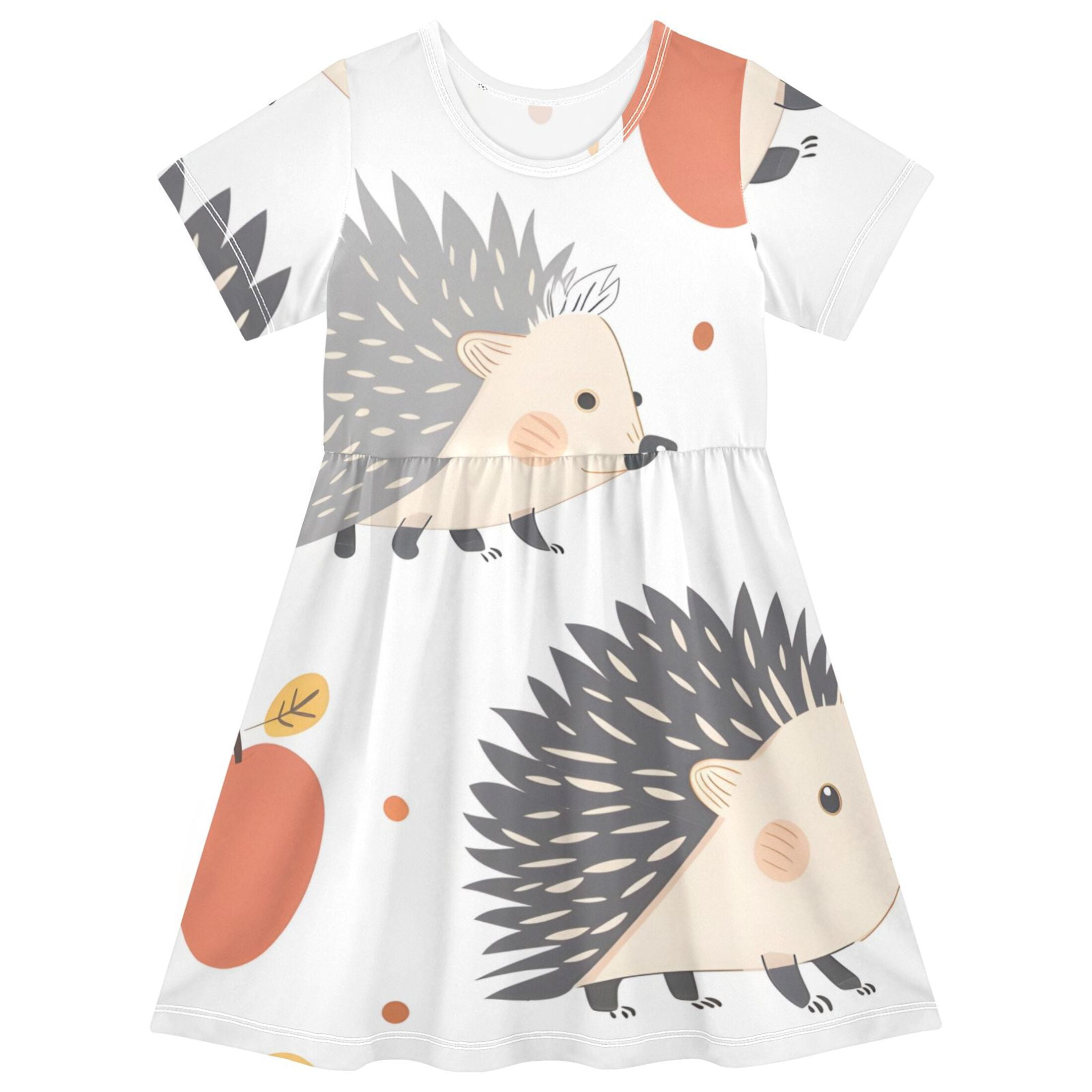 Hedgehogs Fruits Leaves Girls' Short Sleeve Dress A-Line One-Piece ...