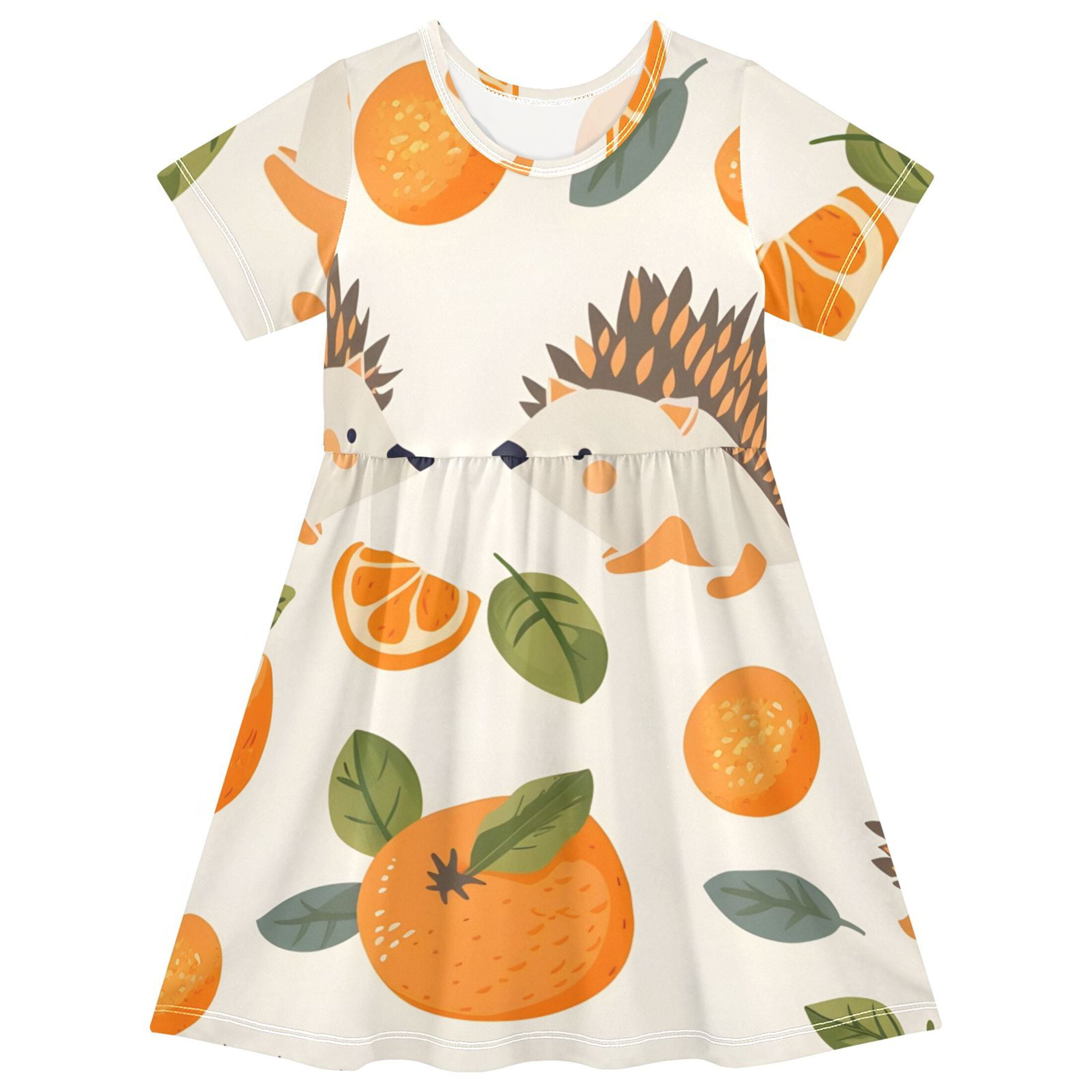 Hedgehogs Oranges Leaves Girls' Short Sleeve Dress A-Line One-Piece ...