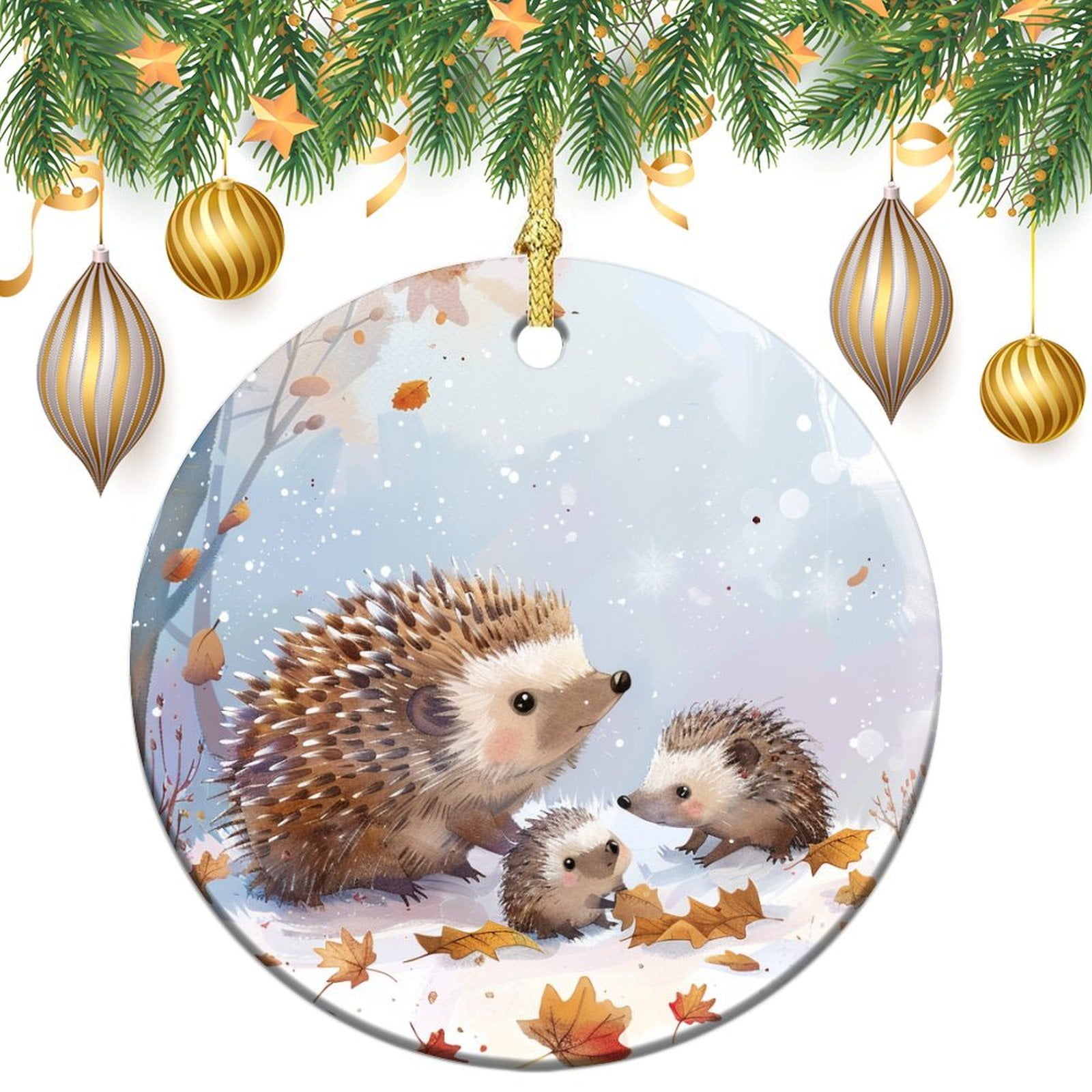 Hedgehogs Talking to Each Other Illustration Ceramic Christmas Ornament ...