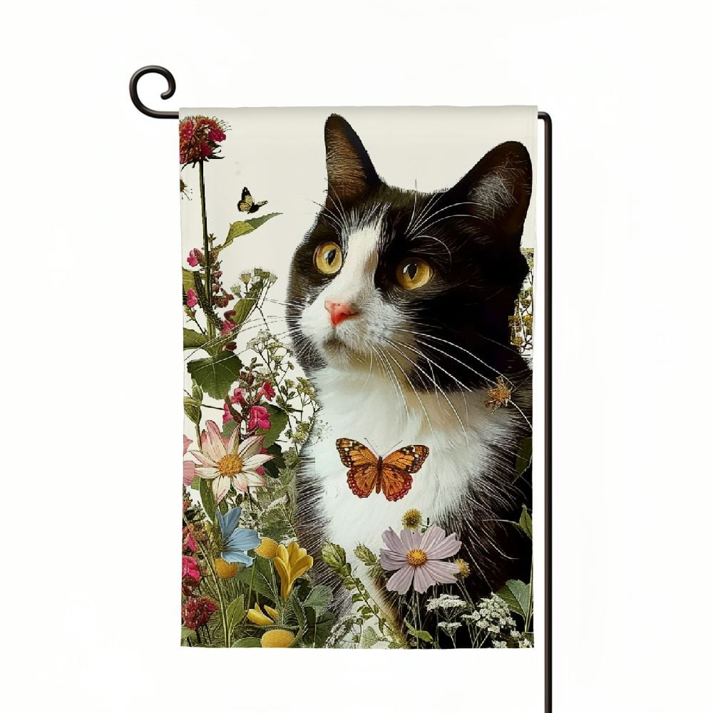 Heduofu Spring Cat Garden Flag Floral Tuxedo Cat Garden Flags for ...