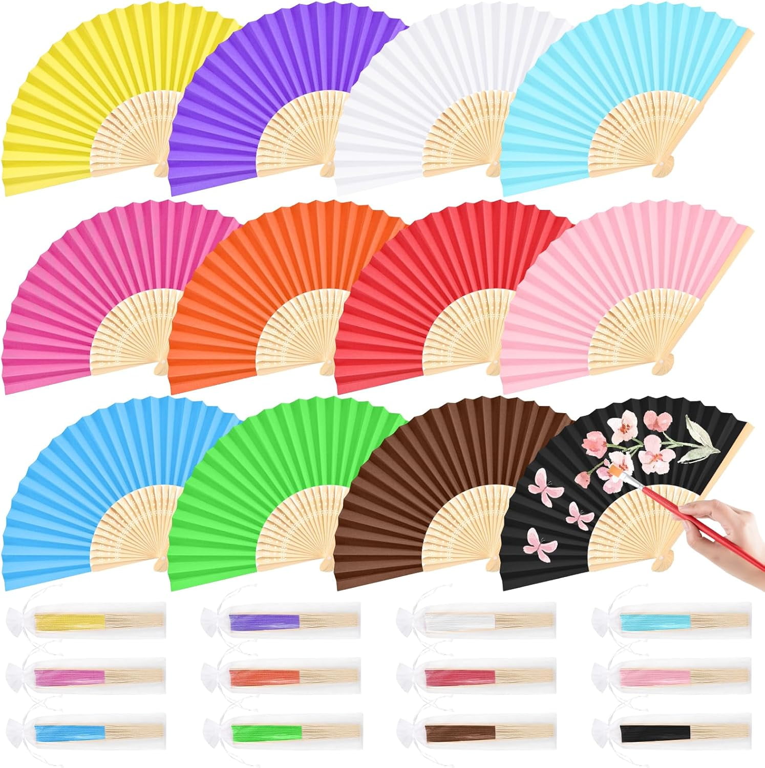 HeeHom 12/24/48-Pack Bamboo Paper Folding Fans for Weddings - Handheld ...