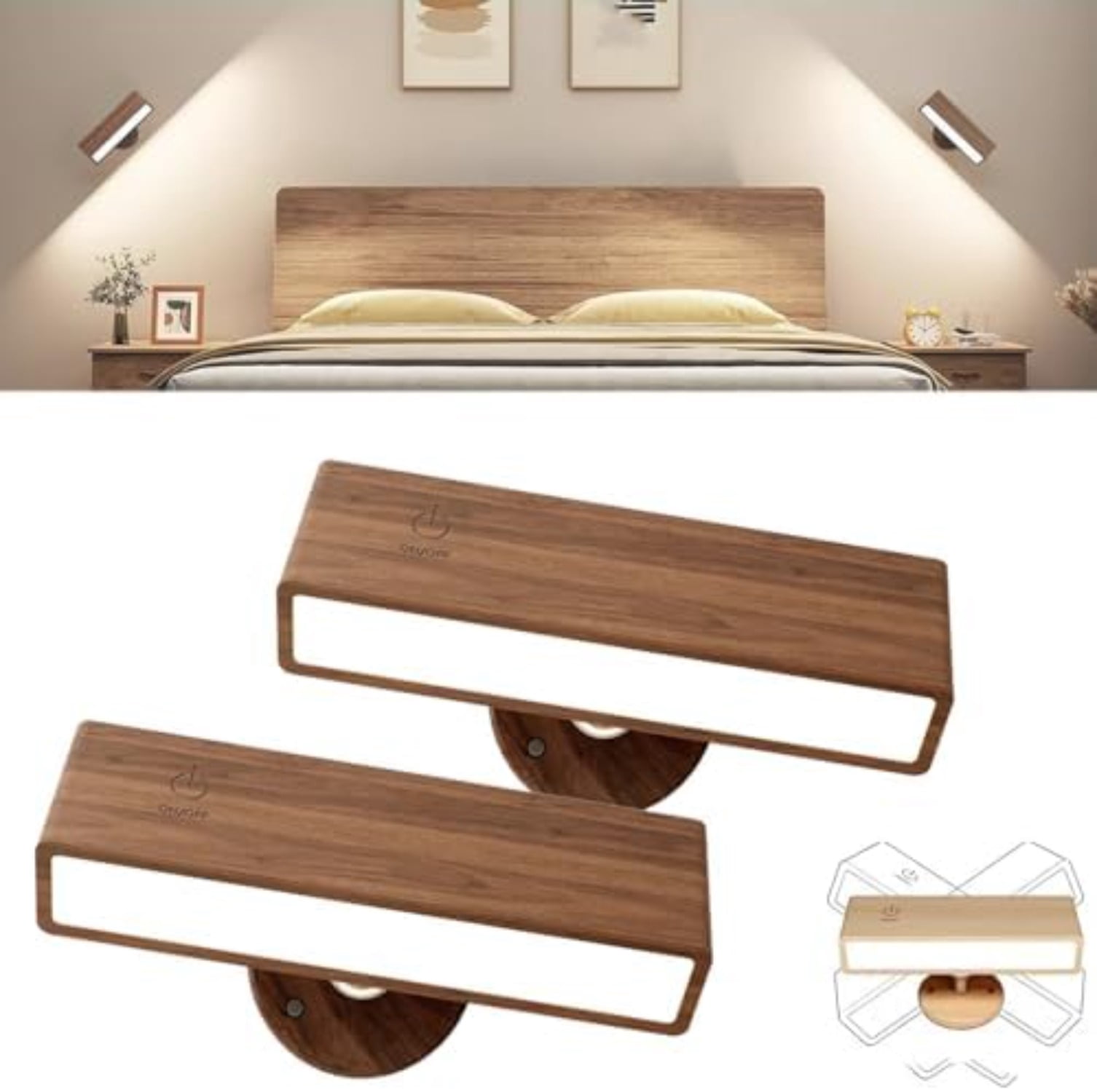 HeeHom Rechargeable Wood Wall Lamp – 360° Rotating Magnetic LED Wall ...