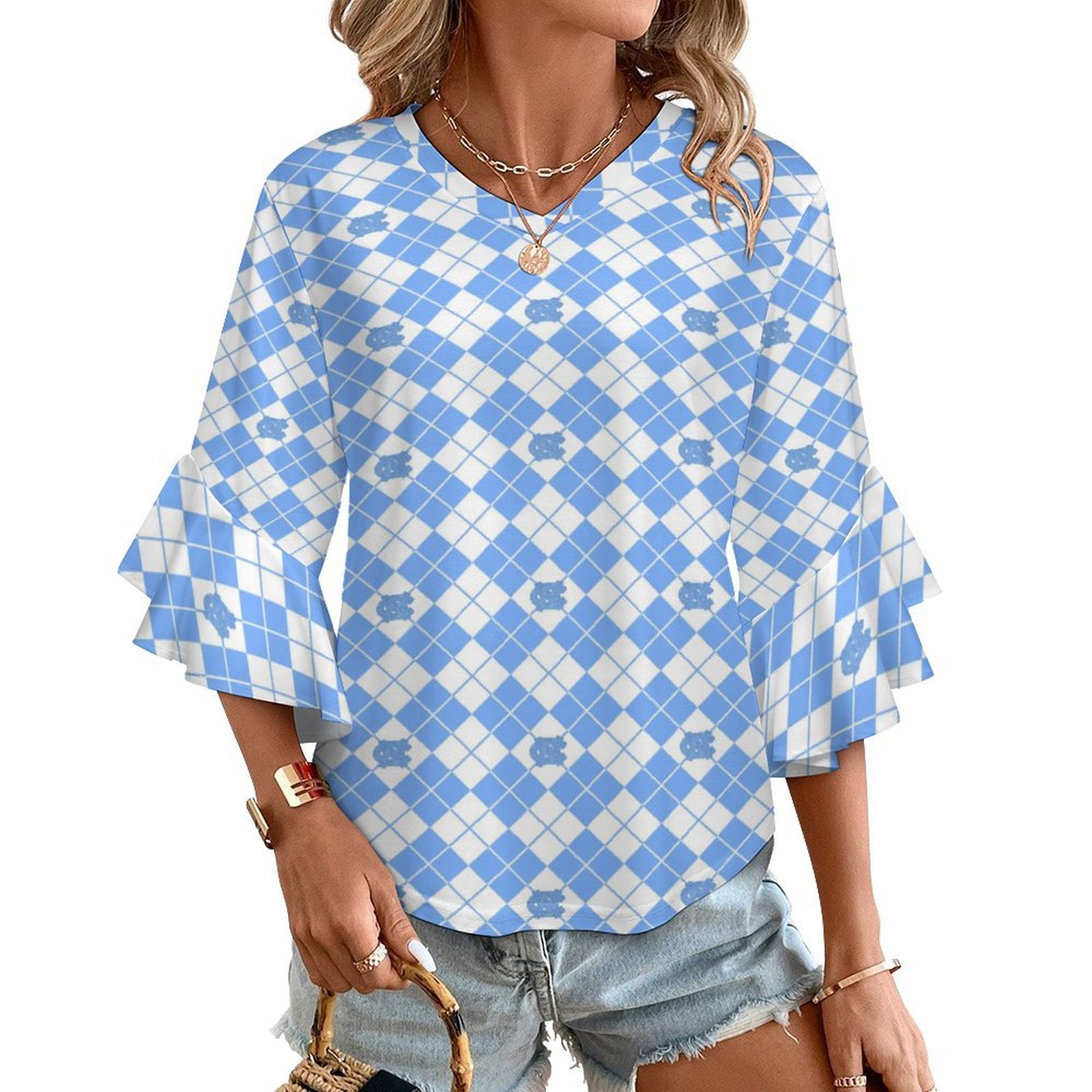 Heel Glitter Argyle Women's V-Neck Blouse With 3/4 Ruffled Bell Sleeves ...