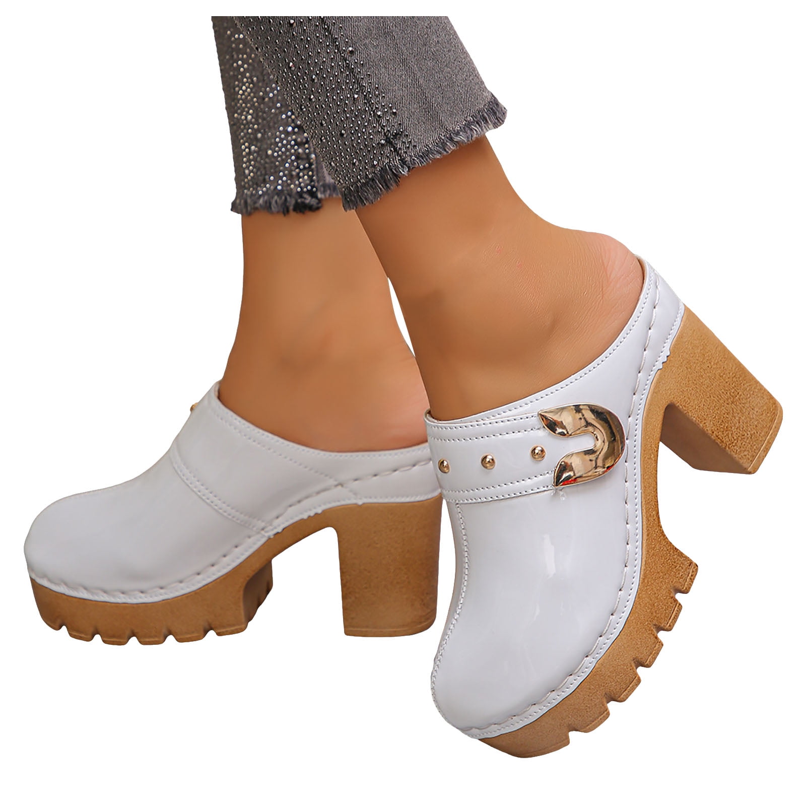 Heeled Sandals for Women Closed Toe Backless Mules Fashion Studded ...