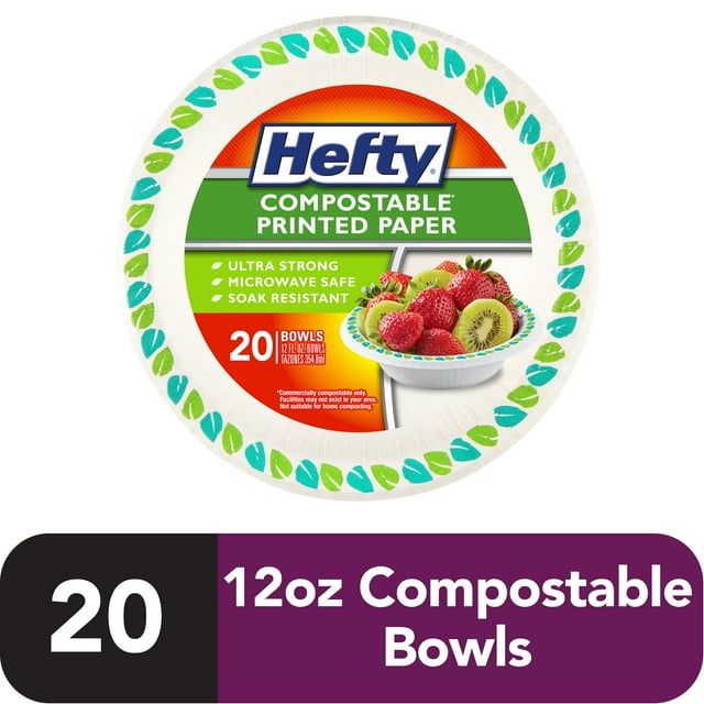 Hefty Compostable Printed Paper Bowls, 12 Ounce Capacity, 20 Count ...