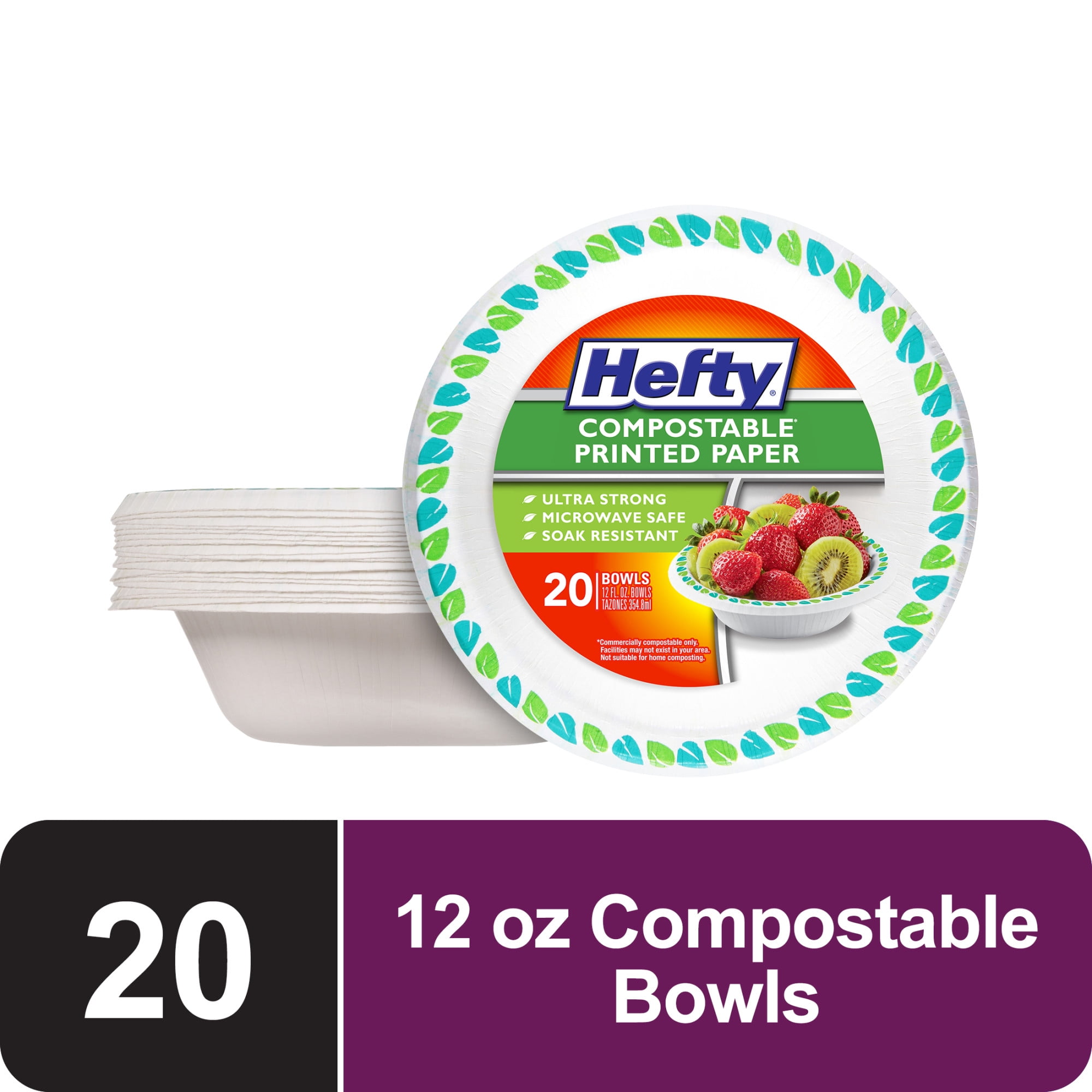 Hefty Compostable Printed Paper Bowls, 12 ounce Capacity, 20 Count ...