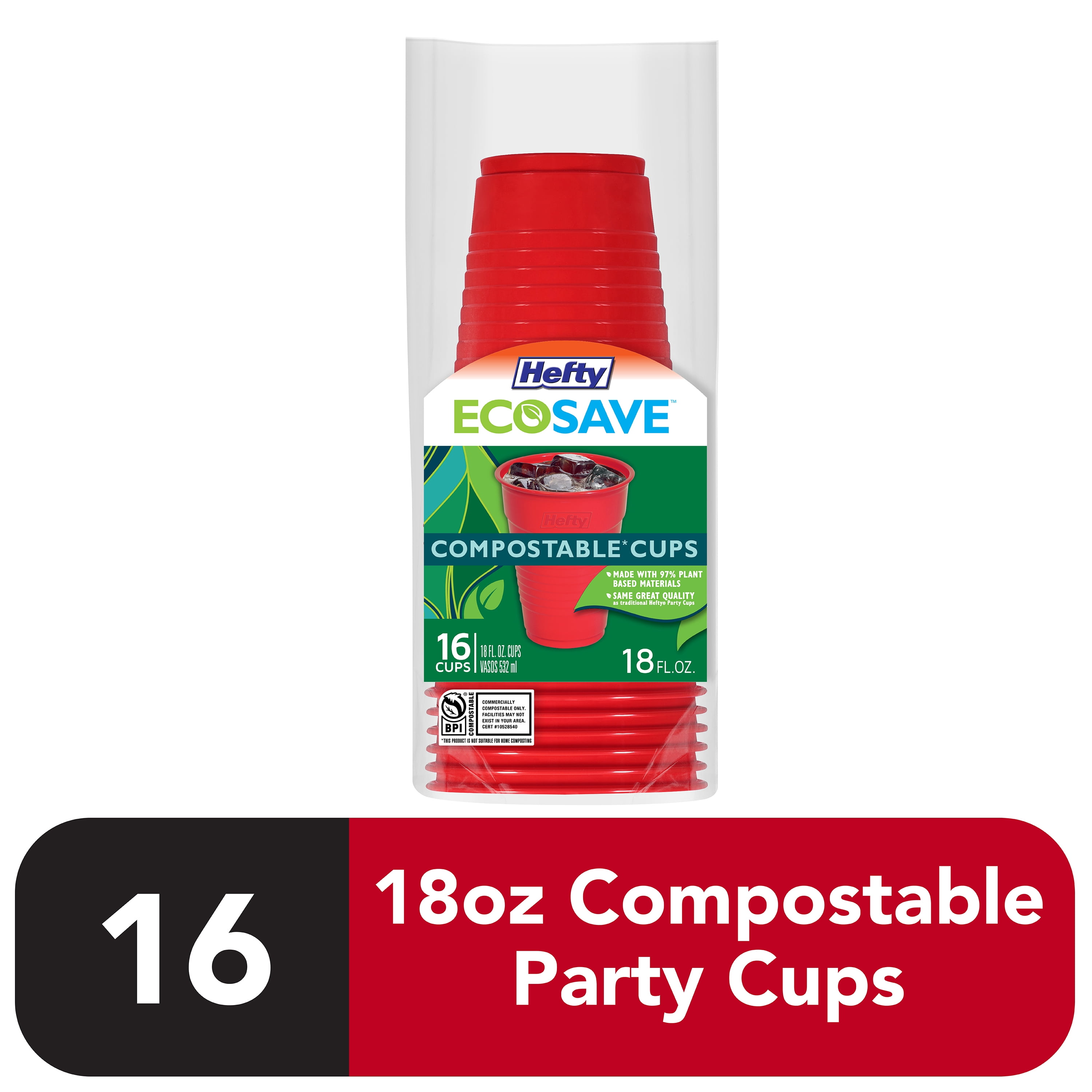 Hefty ECOSAVE Compostable Cups, Red, 18 oz, 16 Count - Walmart.com