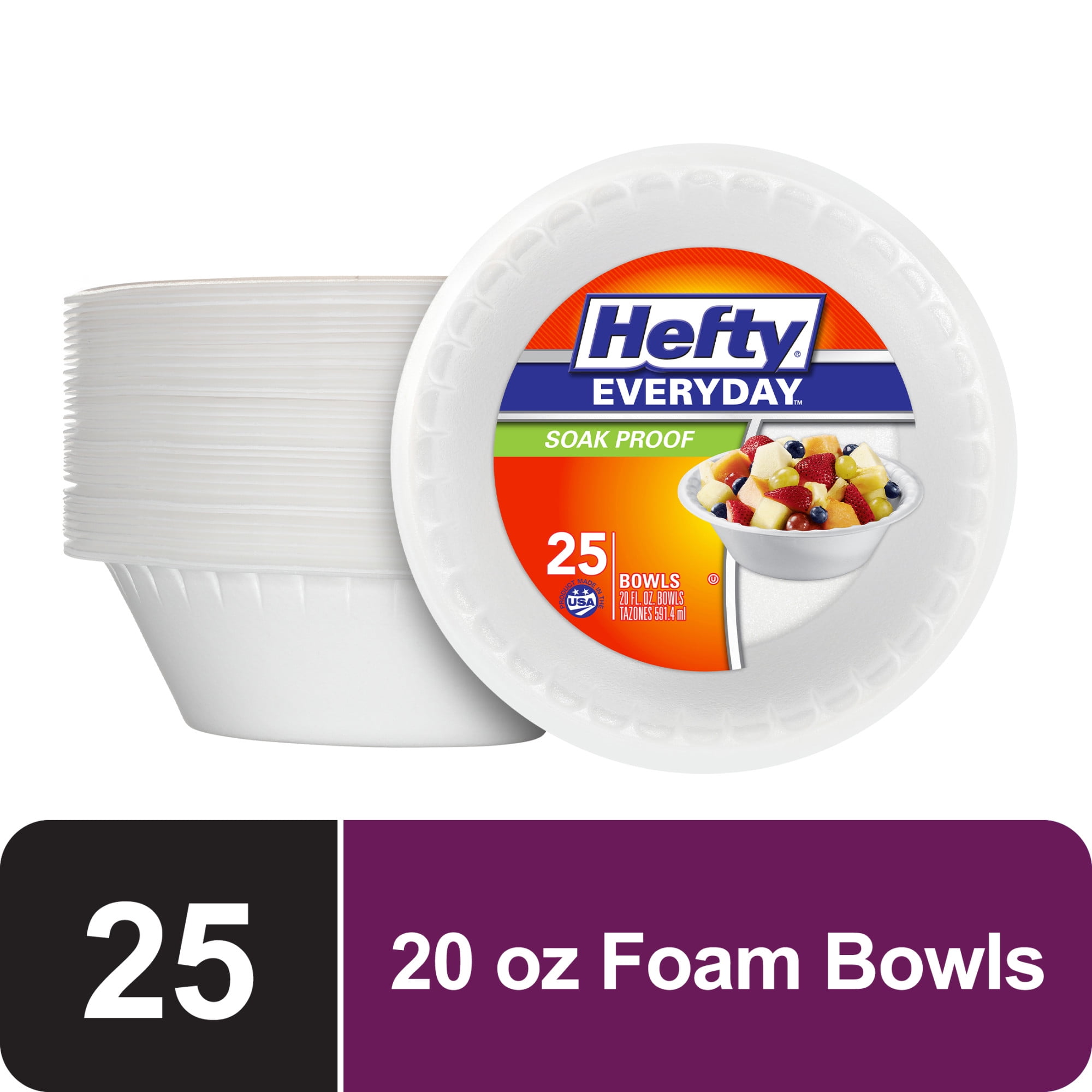 Hefty Everyday Soak-Proof Foam Bowls, White, 20 ounce, 25 Count ...