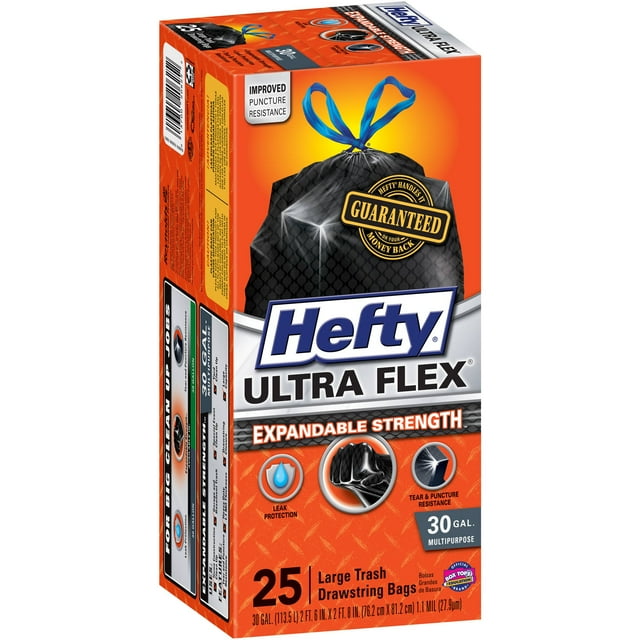 Hefty Expandable Strength Large Drawstring Trash Bags, 30 Gallon, Black ...