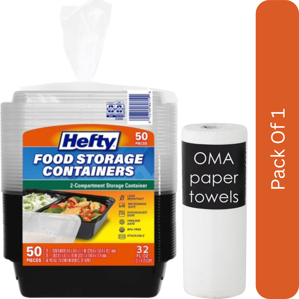 Hefty Food Storage Containers Two Compartment with Lids, 32 fl oz, 50 ...