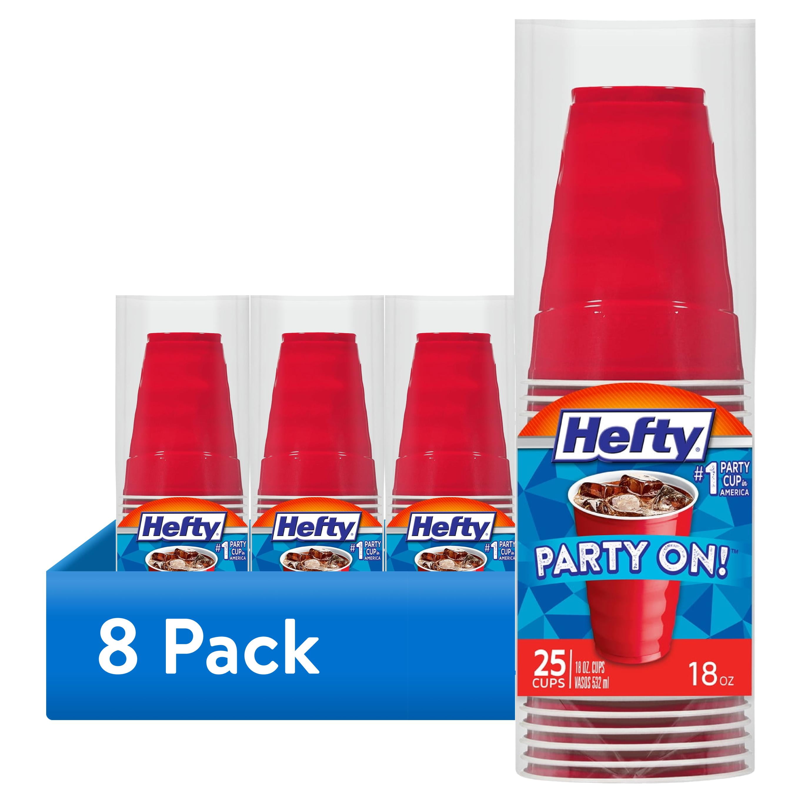 (8 pack) Hefty Party On Disposable Plastic Cups, Red, 18 oz, 25 Count ...