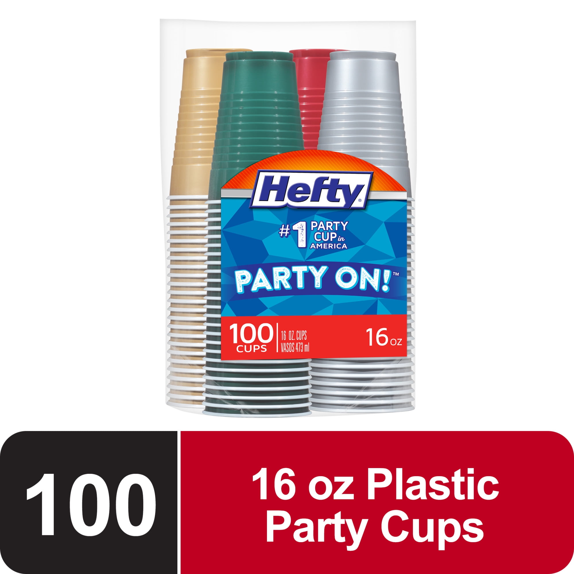 Hefty Disposable Party On! Colorful Plastic Cups, 16 Ounce, 100 Count ...