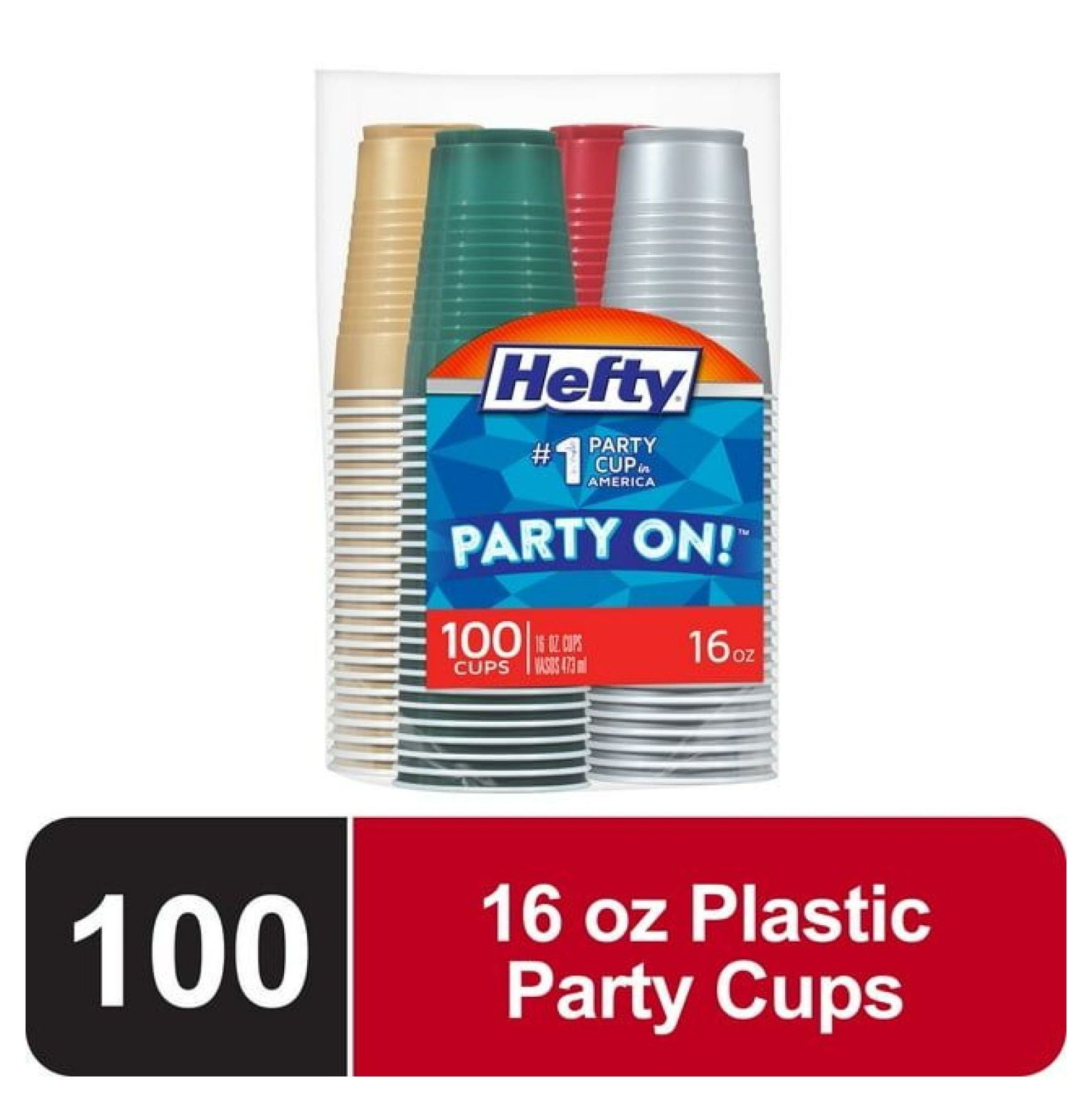 Hefty Party On Plastic Cups, Holiday Assorted Colors, 16 Ounce, 100 ...