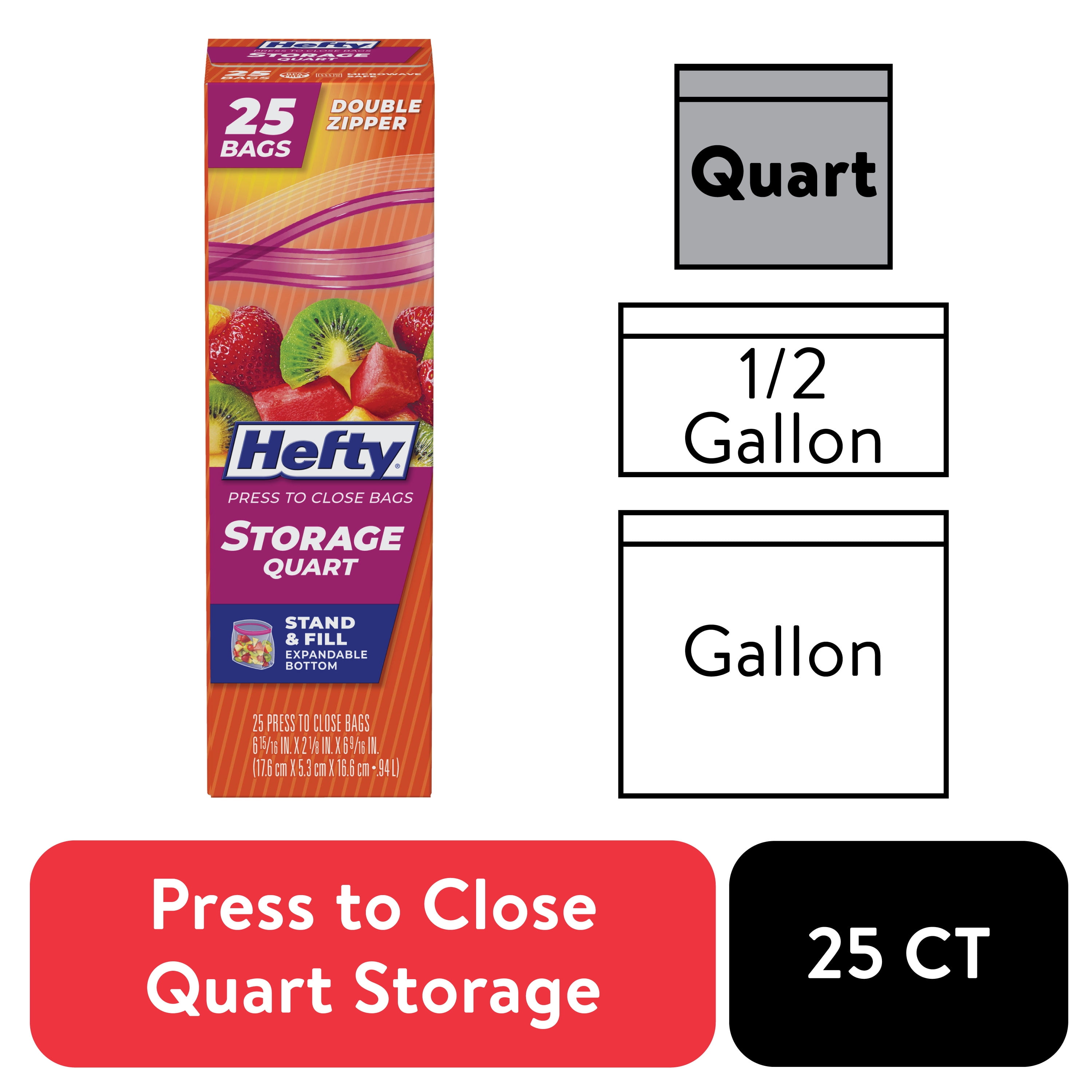 Hefty Press to Close Plastic Bags for Food Storage, Quart Size, 25 ...
