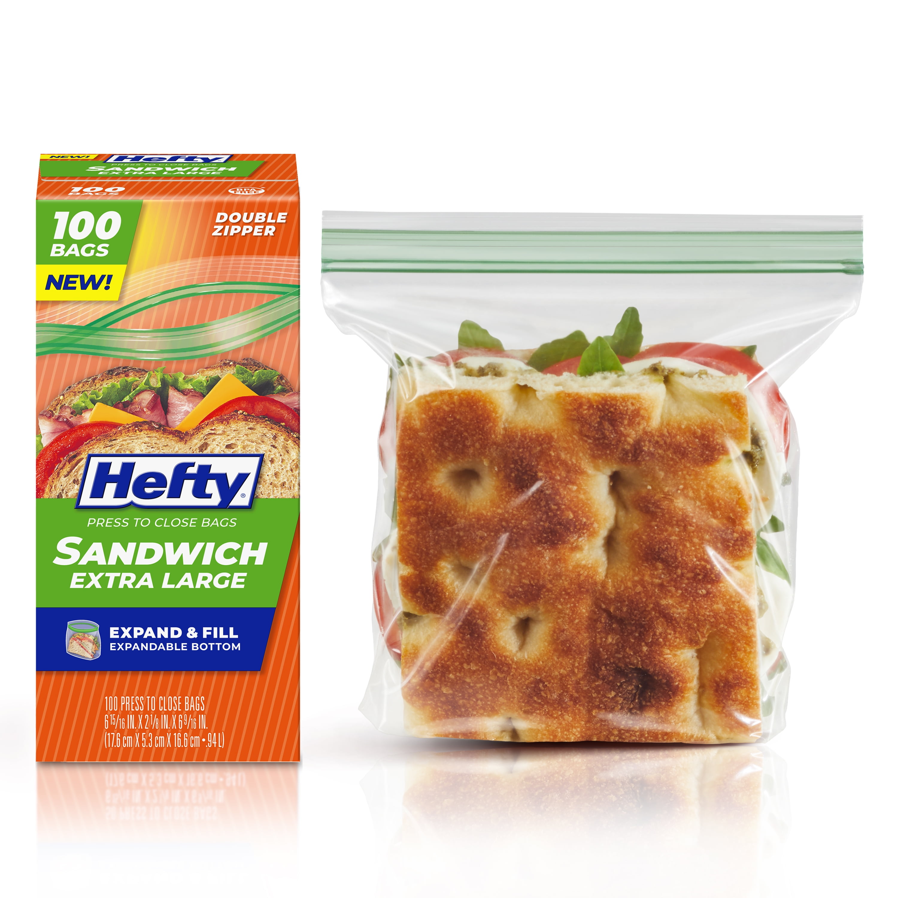 Hefty Press to Close Plastic Bags for Food Storage, XL Sandwich Size ...